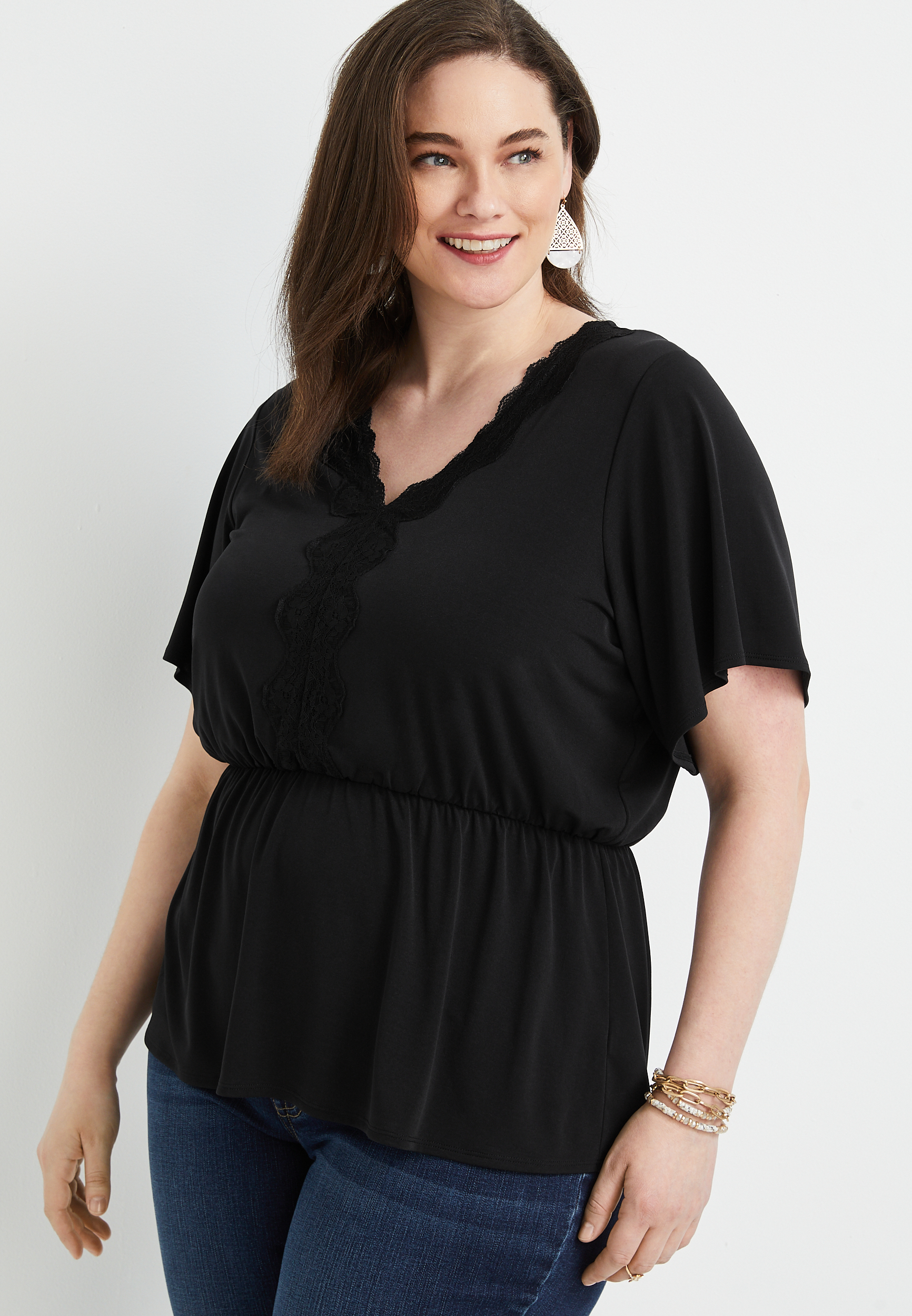 Plus Size Solid Lace Trim V Neck Top Maurices