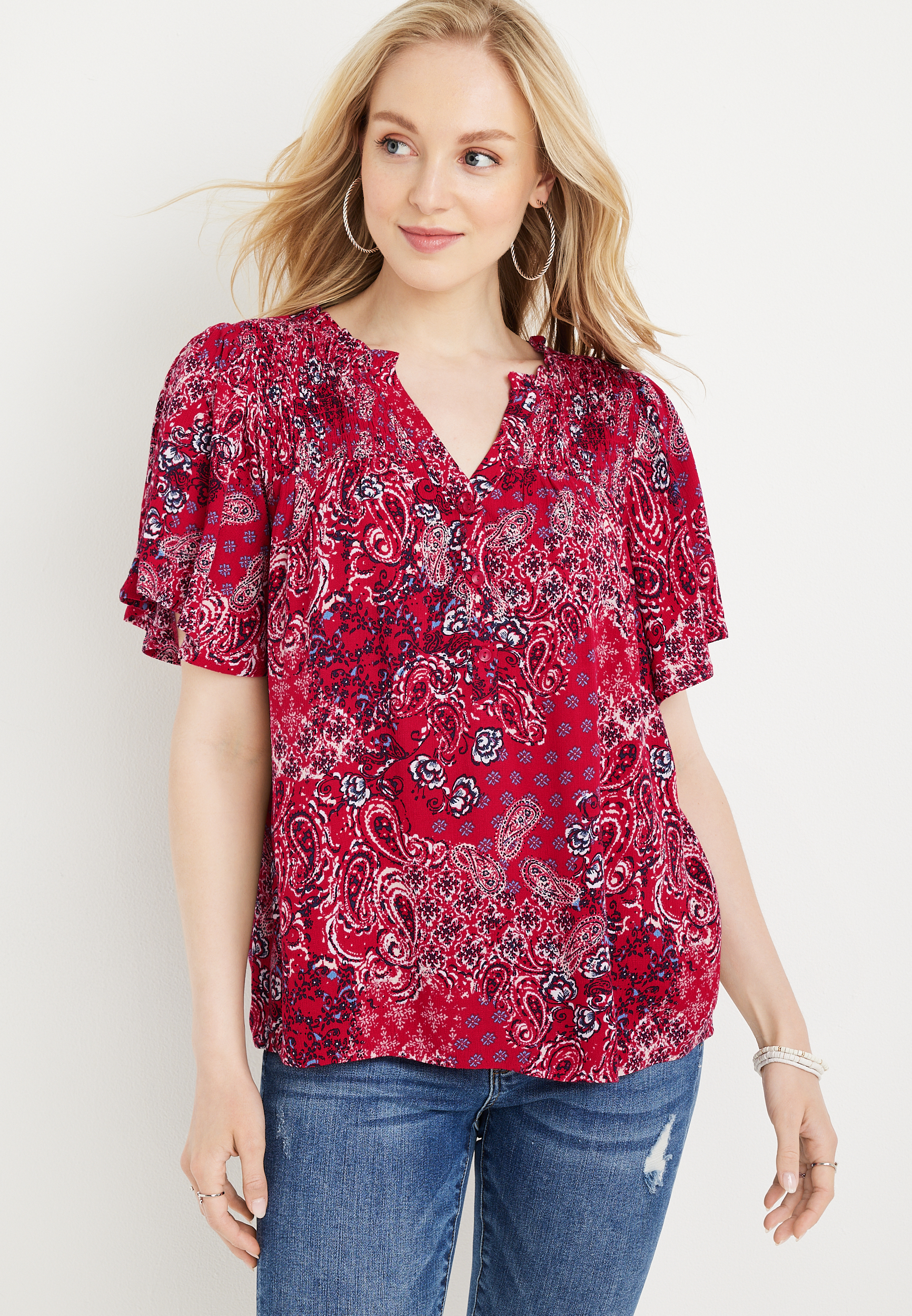 Paisley Smocked Flutter Short Sleeve Blouse | maurices