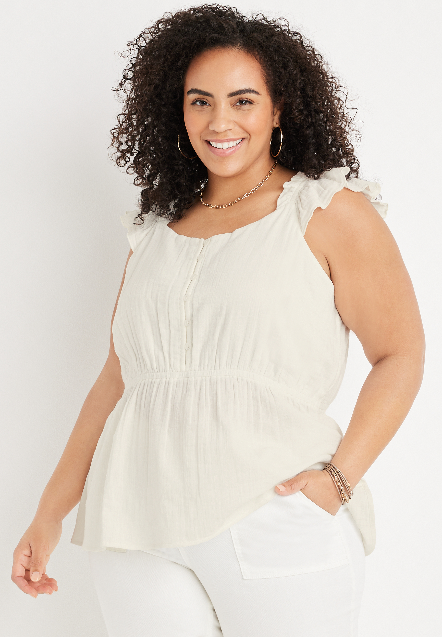 Plus Size Solid Button Flutter Sleeve Peplum Tank Top | maurices