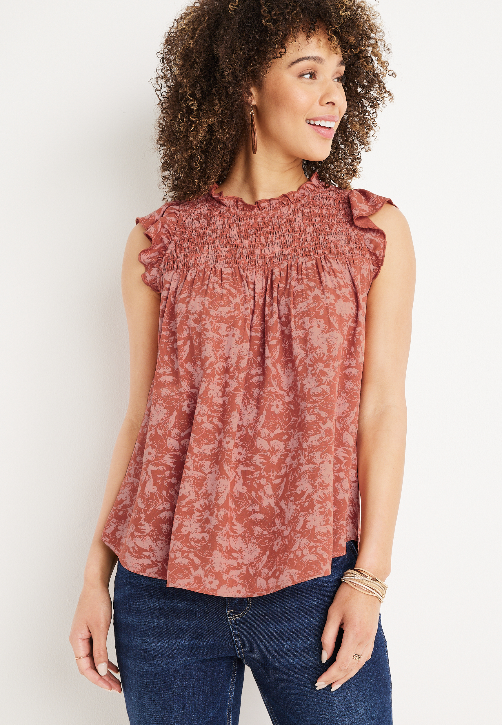 Floral Smocked Flutter Sleeve Top Maurices