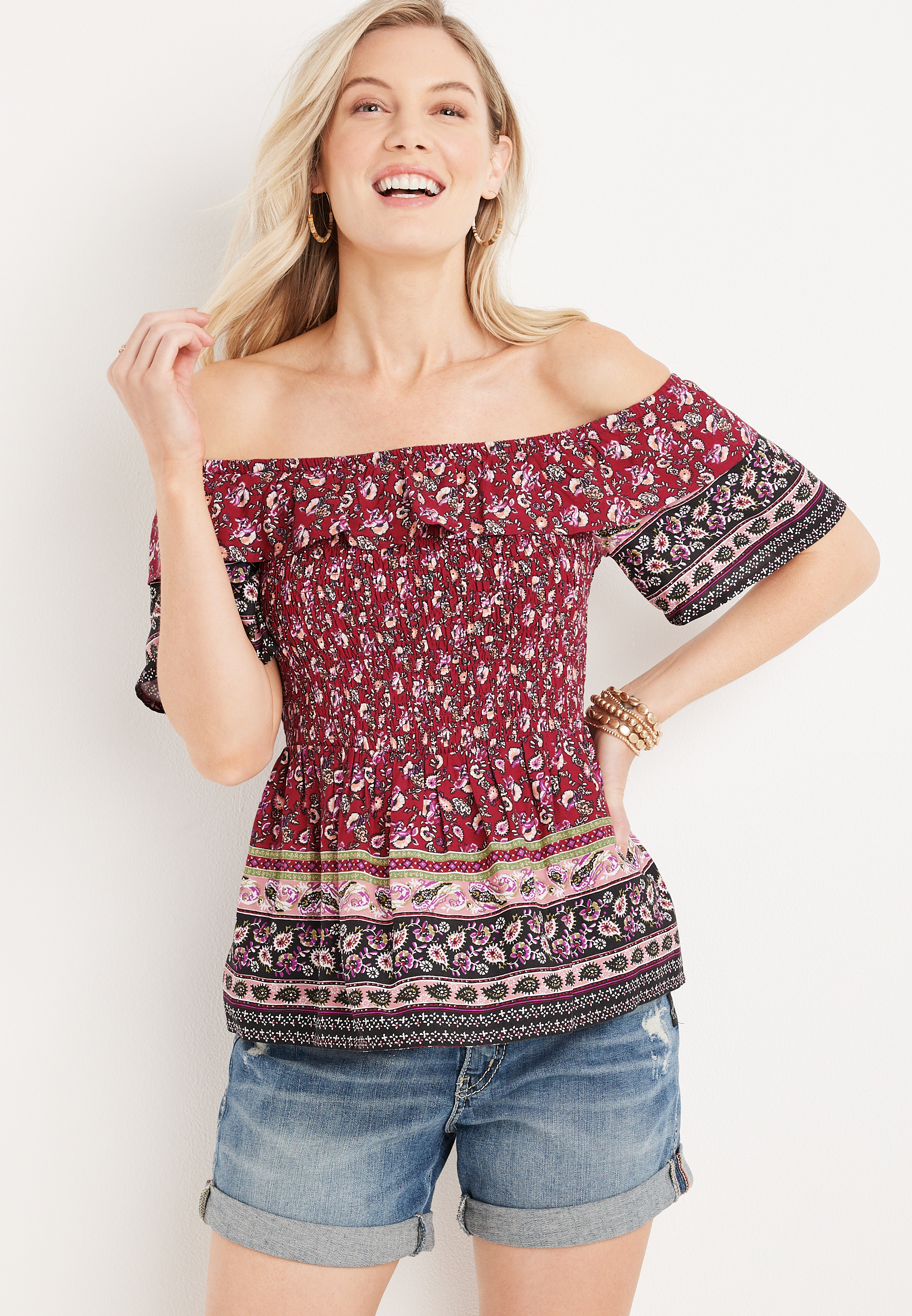 Mixed Print Smocked Off The Shoulder Top Maurices