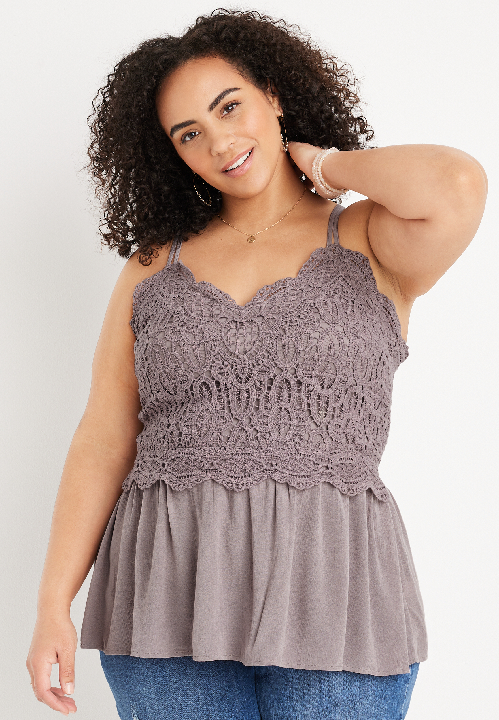 Plus Size Vistas Solid Crochet Lace Peplum Cami | maurices