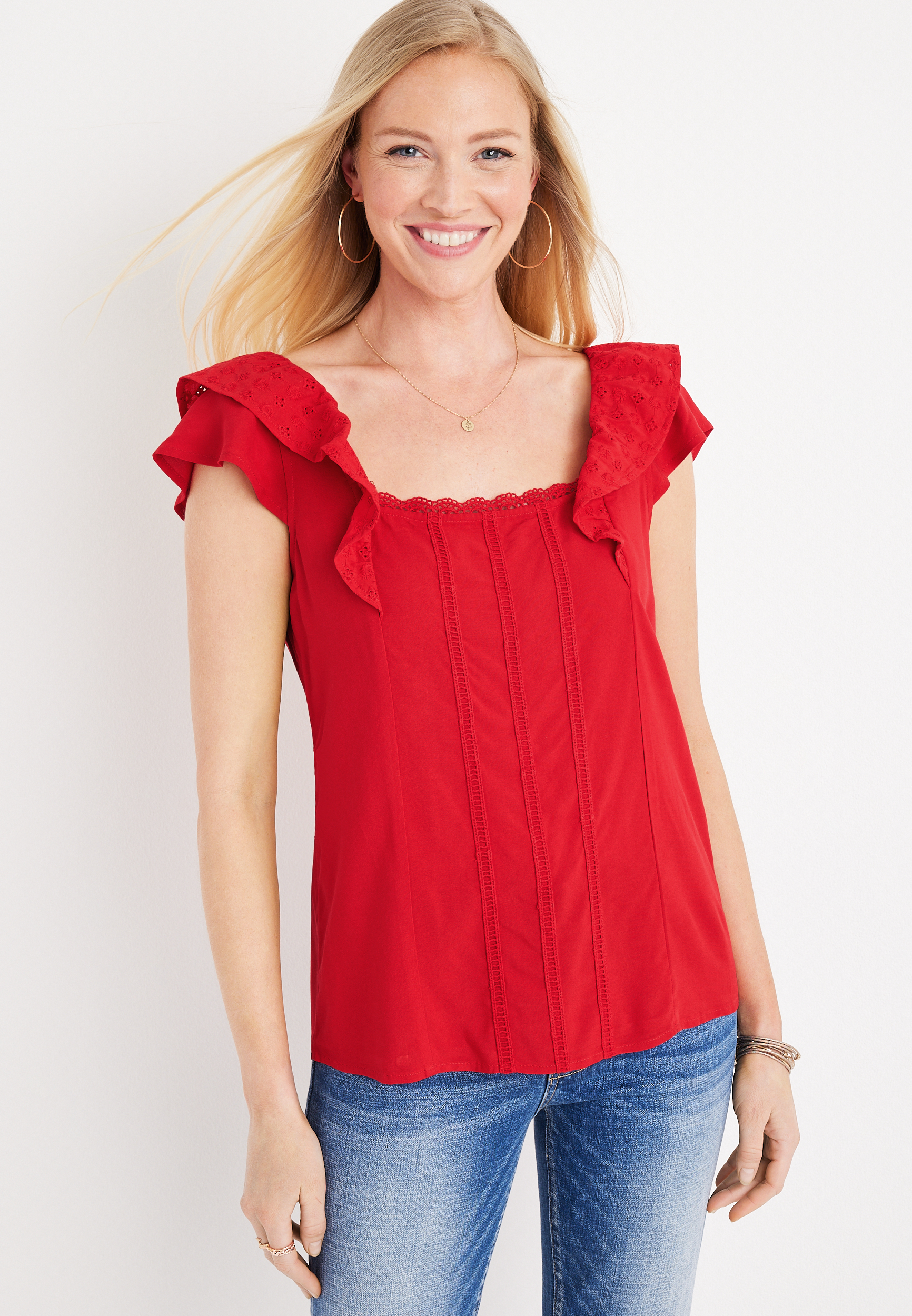 Solid Eyelet Trim Flutter Sleeve Top | maurices