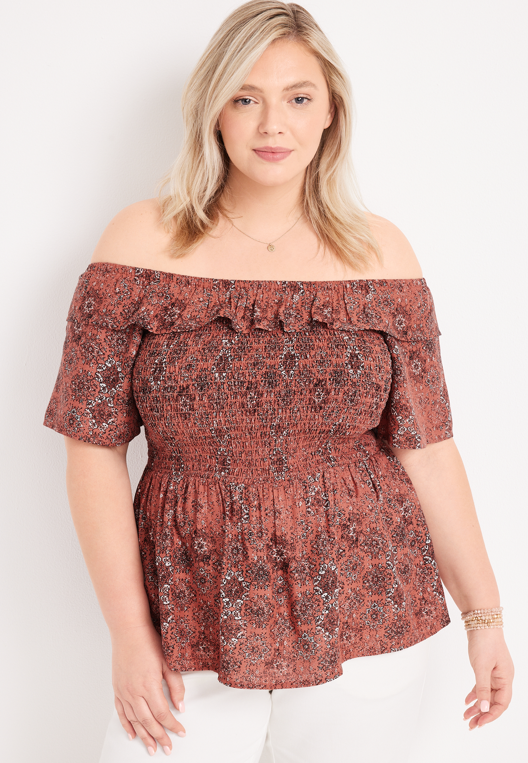 Plus Size Smocked Medallion Off The Shoulder Top Maurices