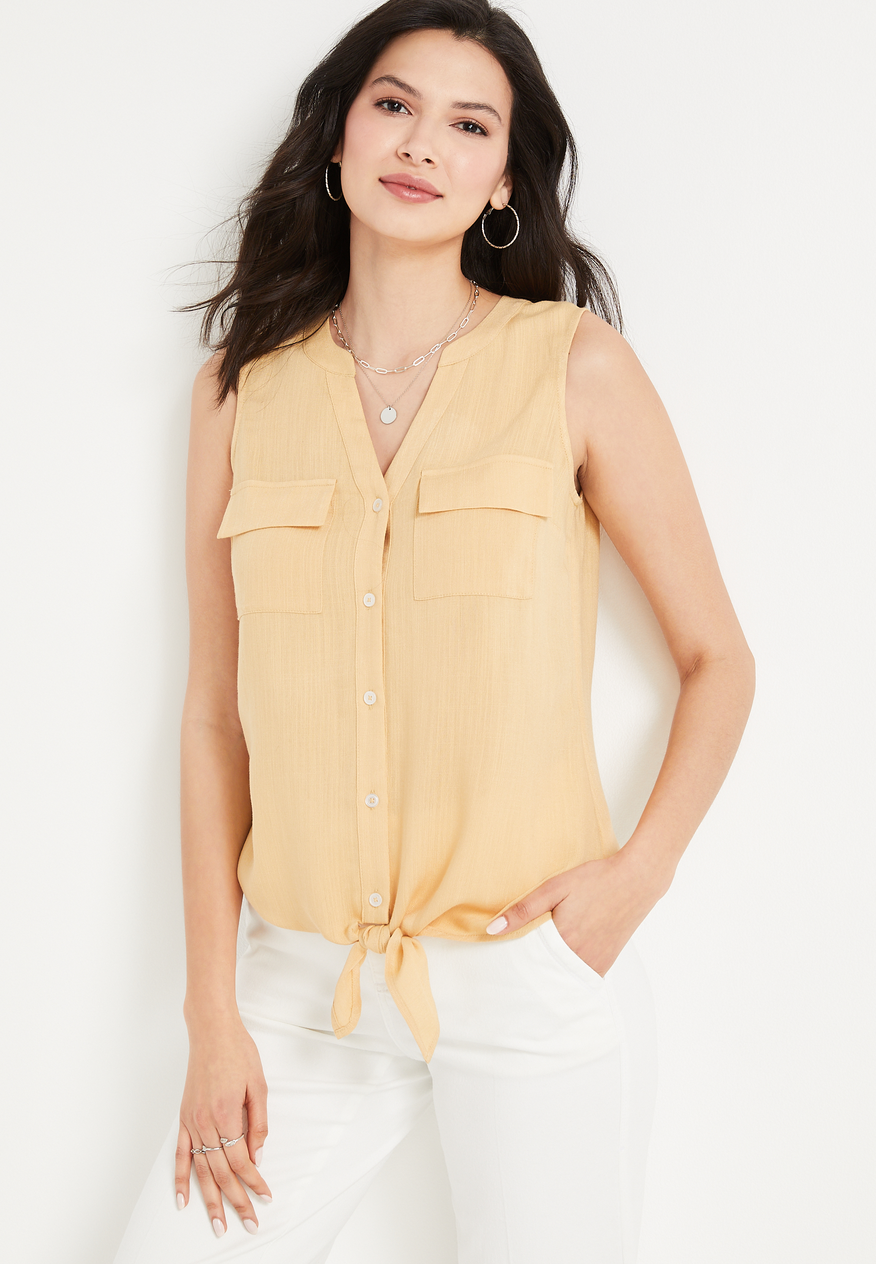 Solid Front Knot Button Down Sleeveless Blouse | maurices