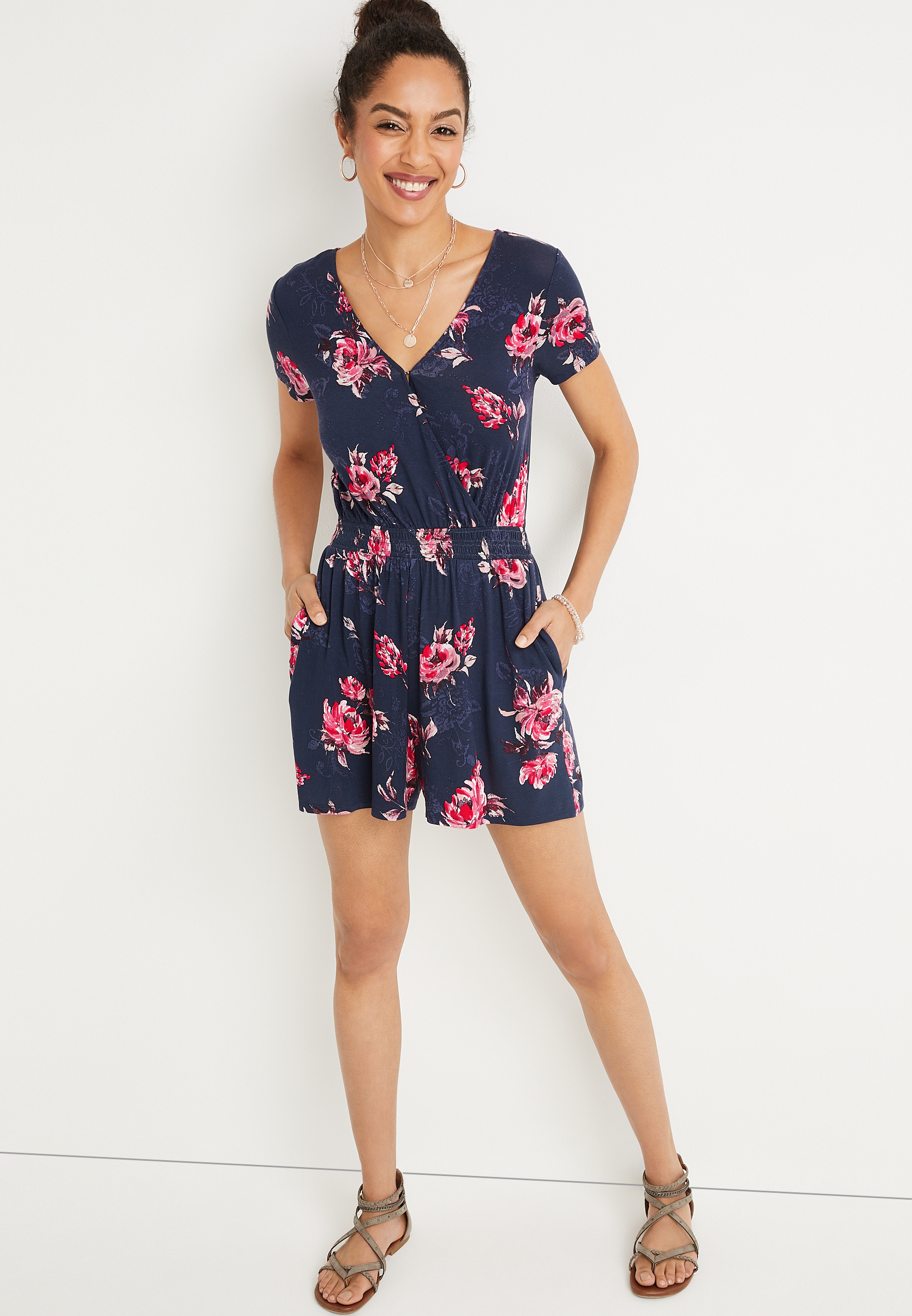 24/7 Floral Short Sleeve Romper | maurices