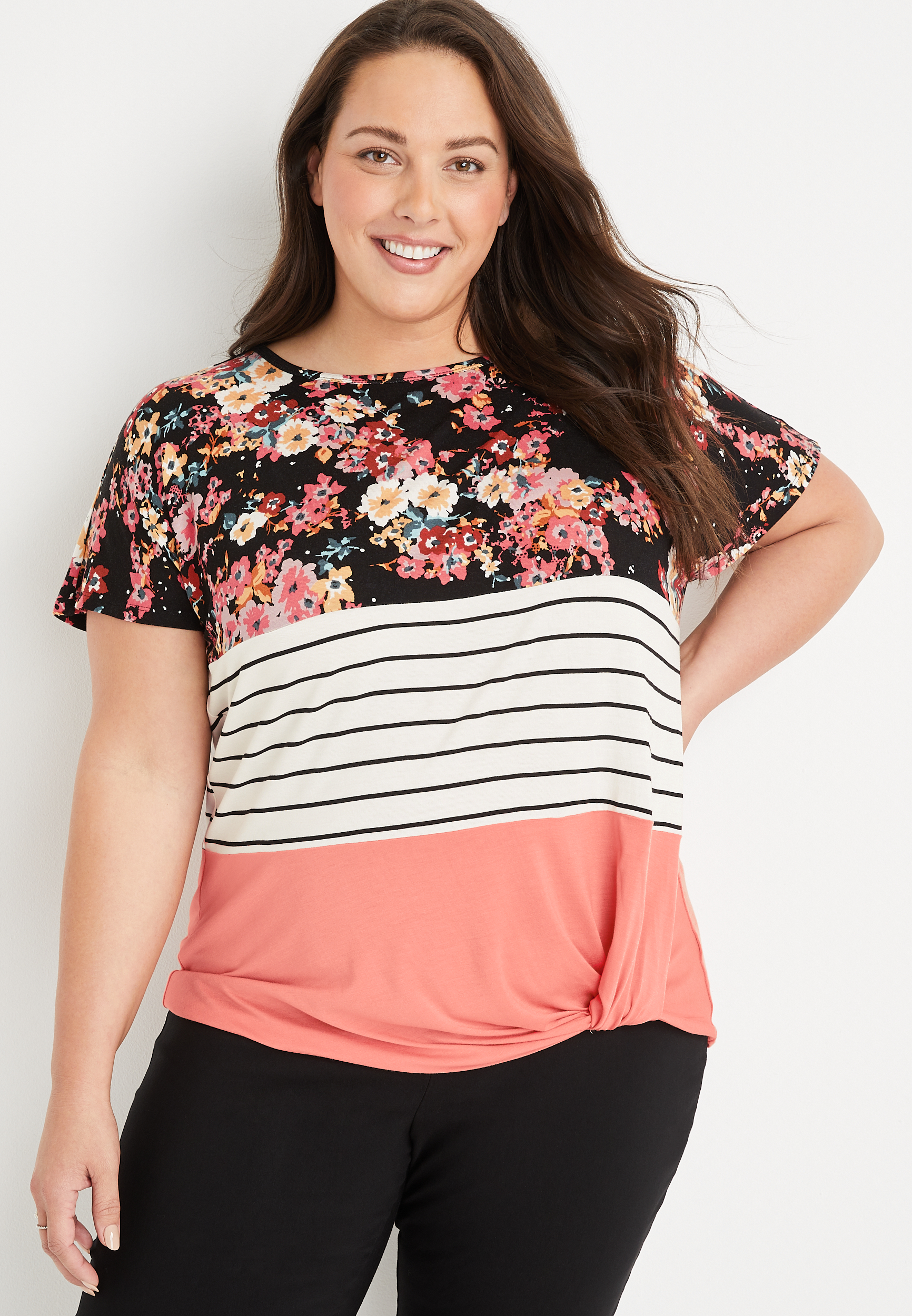 Plus Size 24/7 Floral Striped Knot Hem Tee | maurices
