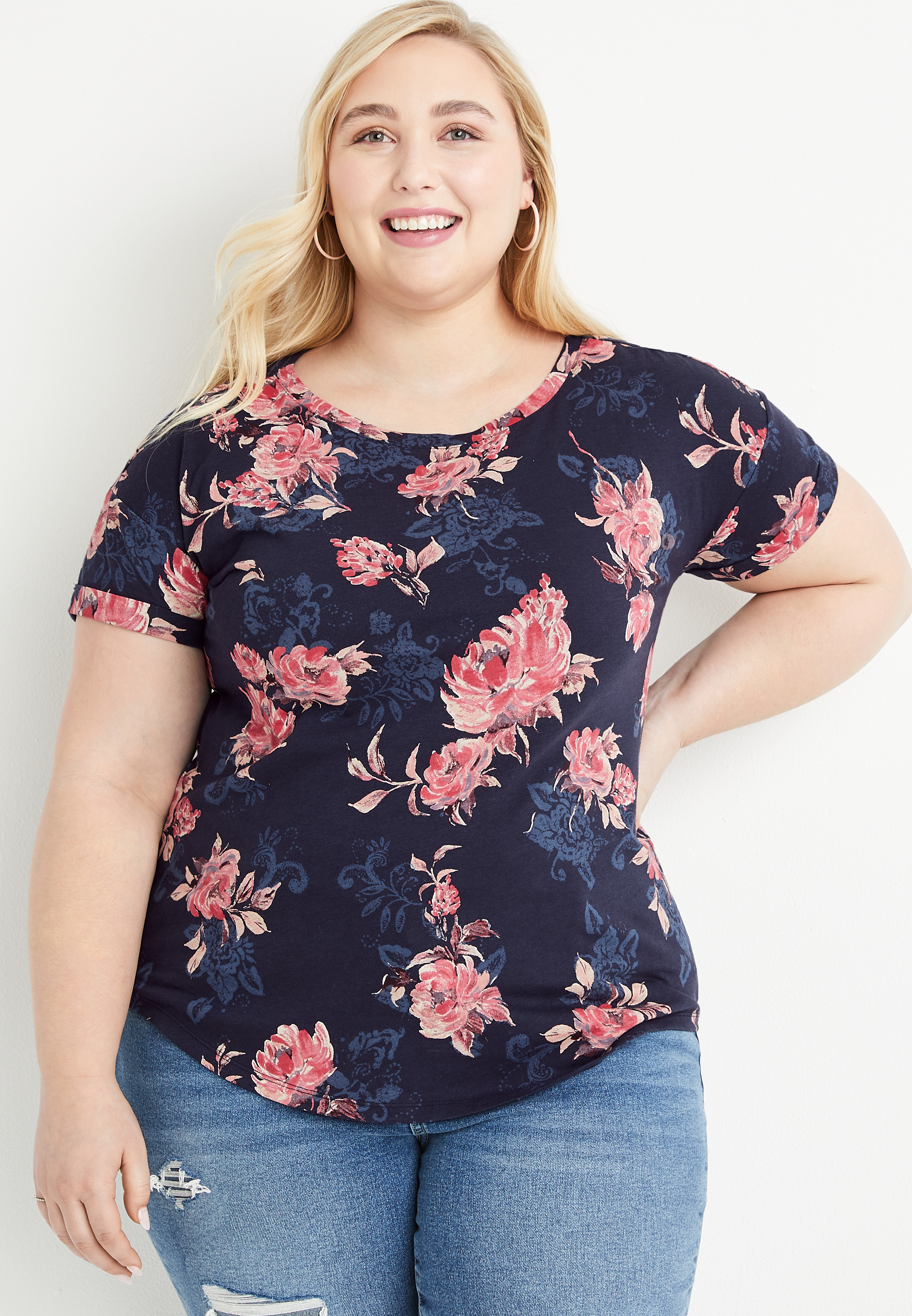 Plus Size 24 7 Forever Drop Shoulder Floral Tee Maurices