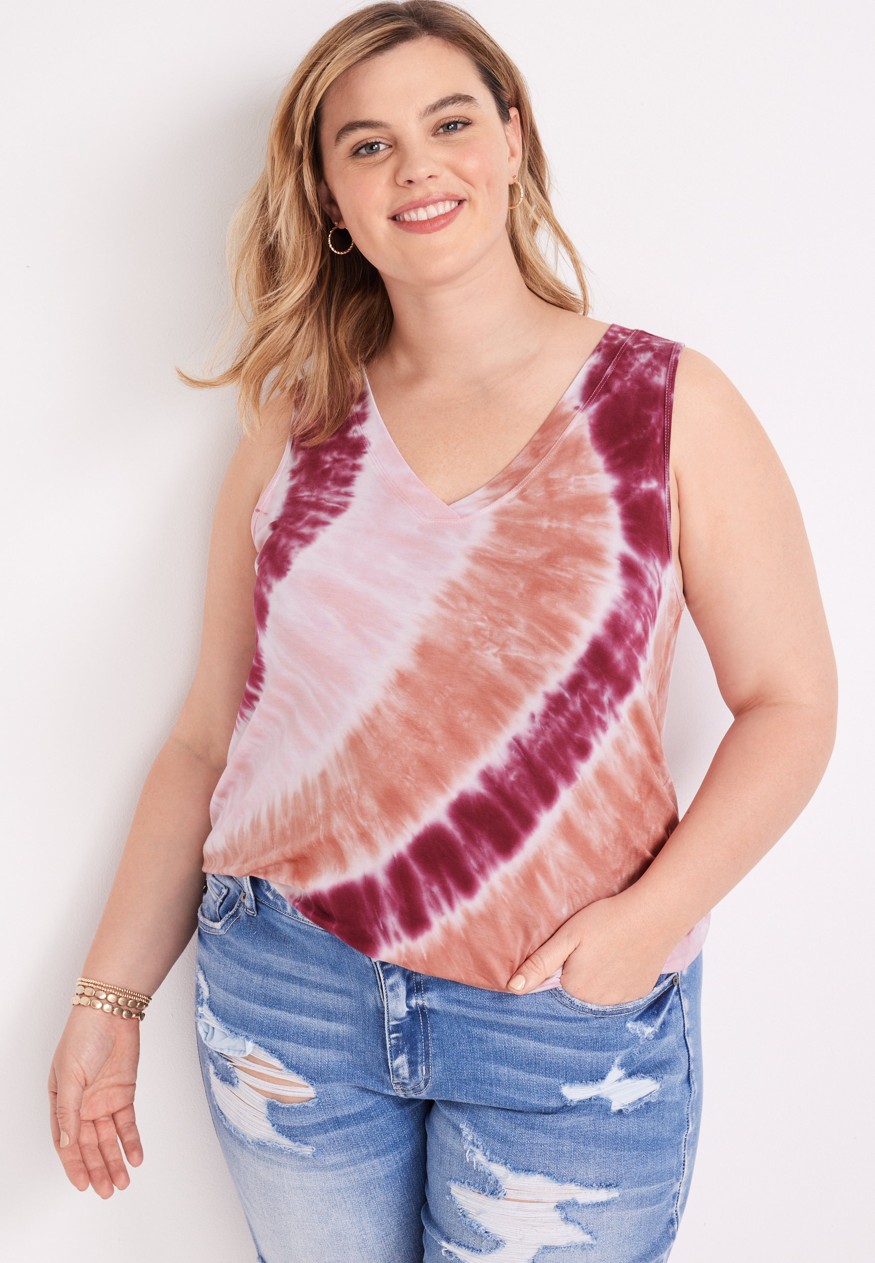 Plus Size 24/7 Flawless Pink Tie Dye V Neck Tank Top | maurices