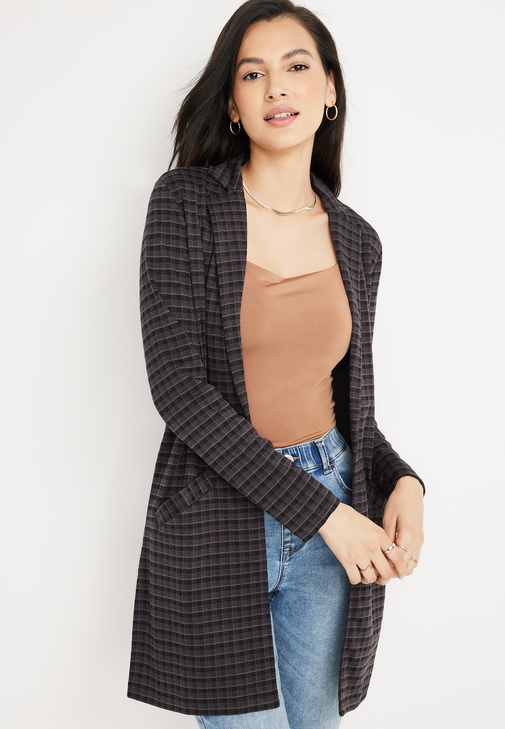 Black Plaid Duster Blazer | maurices