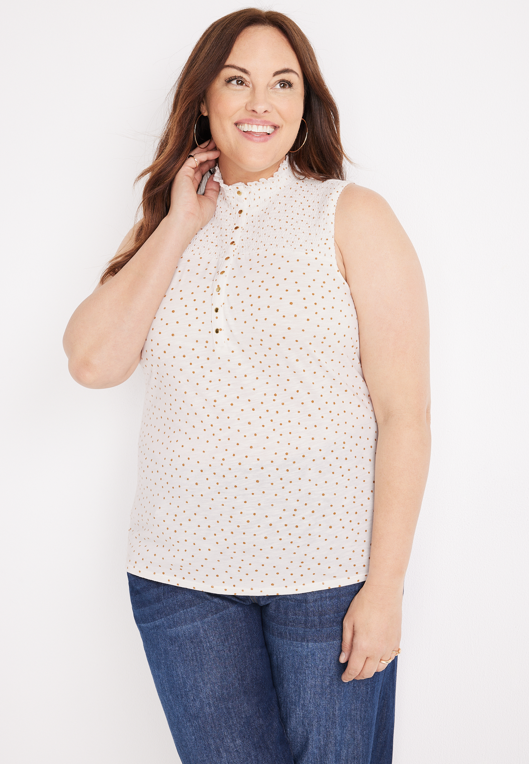 Plus Size Smocked Polka Dot Henley Tank | maurices