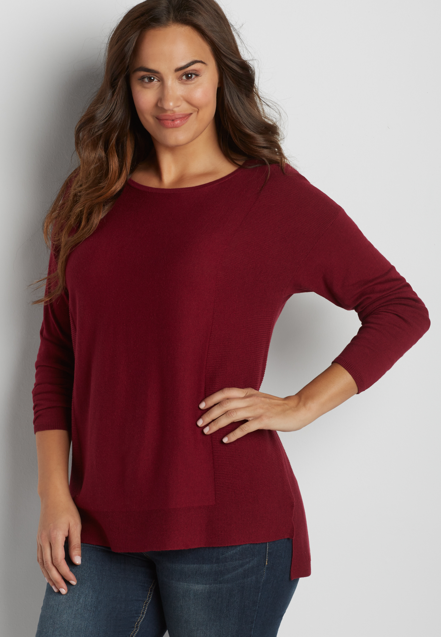 plus size pullover sweater with ribbed sides and high-low hem | maurices