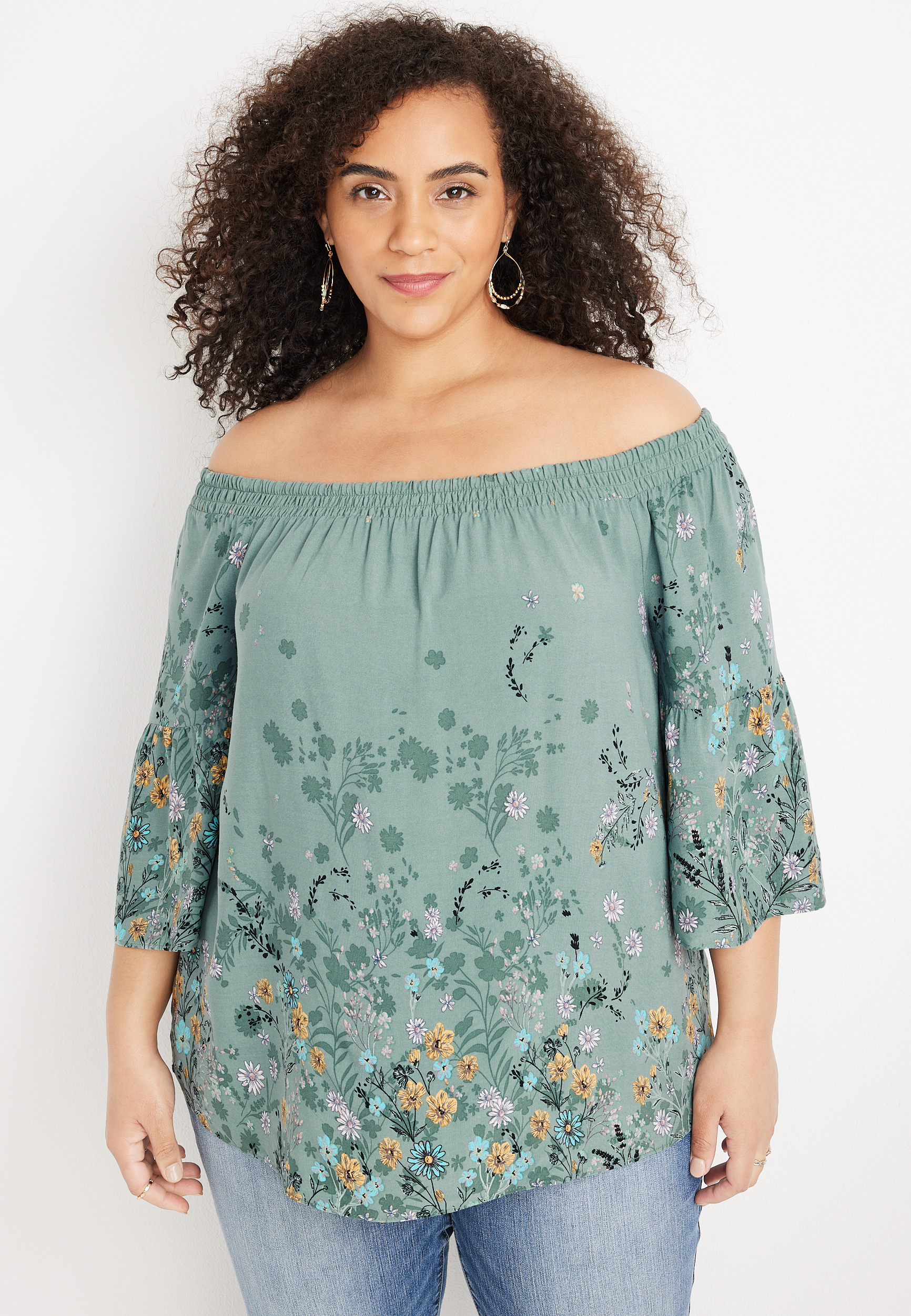 Plus Size Floral Print Bell Sleeve Off The Shoulder Blouse | maurices