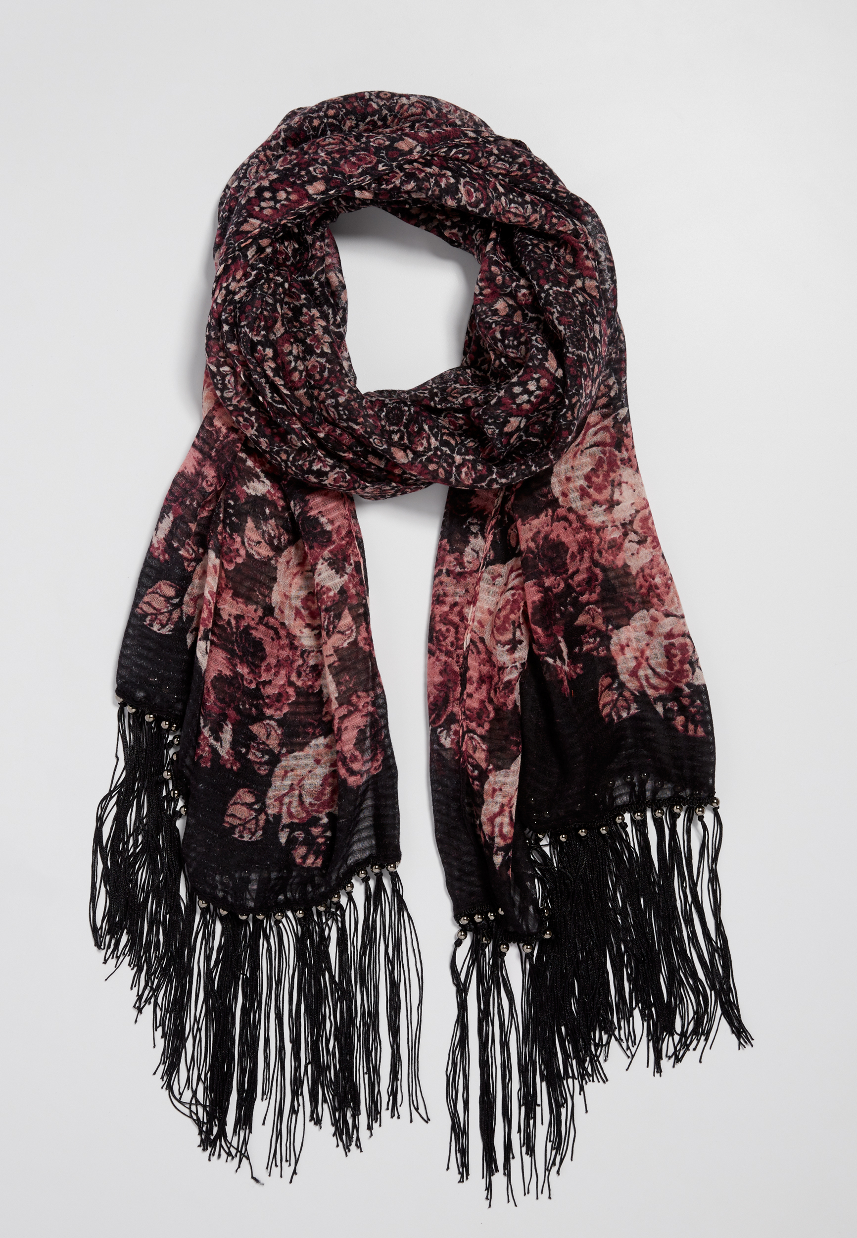 rose print scarf with beaded fringe | maurices