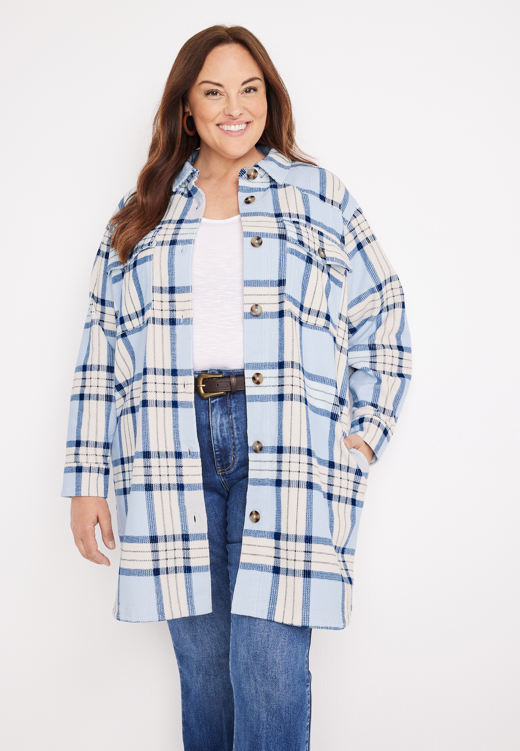 Plus Size Blue Plaid Corduroy Shacket | maurices
