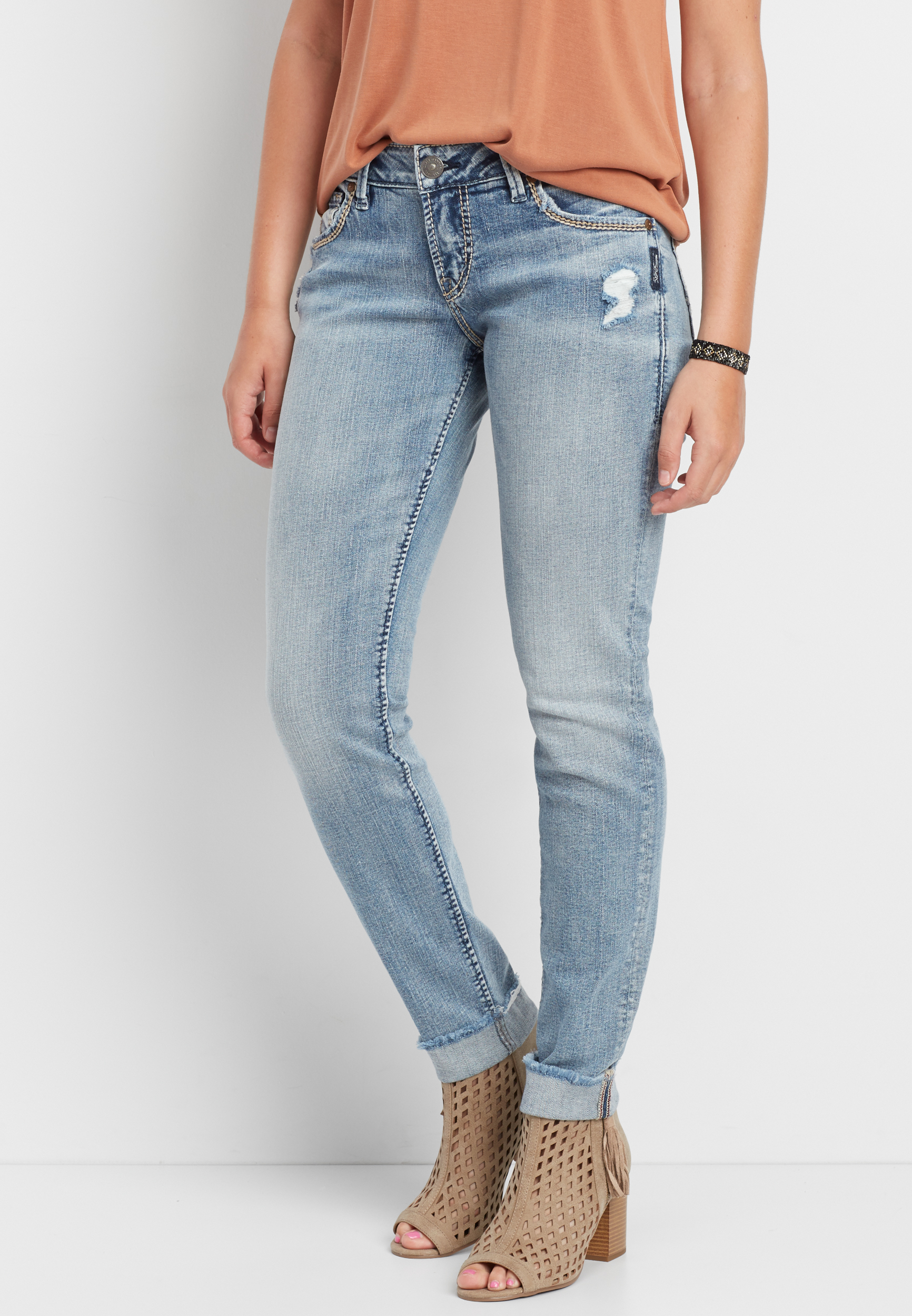 Silver Jeans Co.® Sam boyfriend jeans in light wash with frayed hem ...
