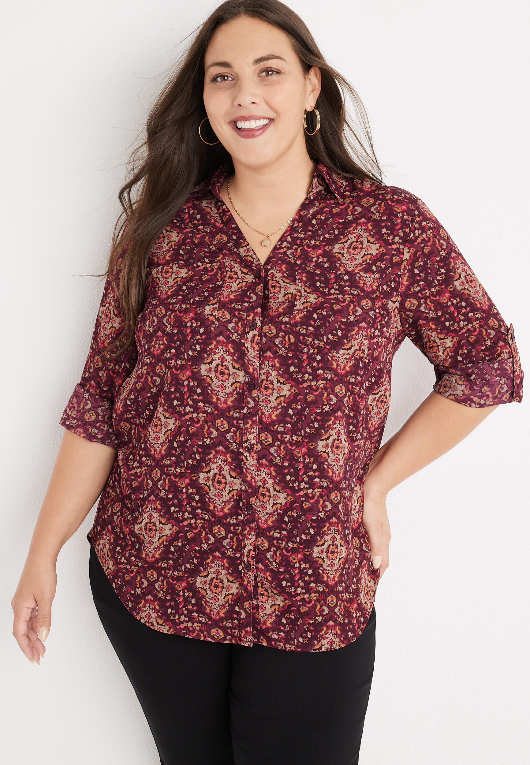 Plus Size Winona Medallion Print Button Down Blouse Maurices