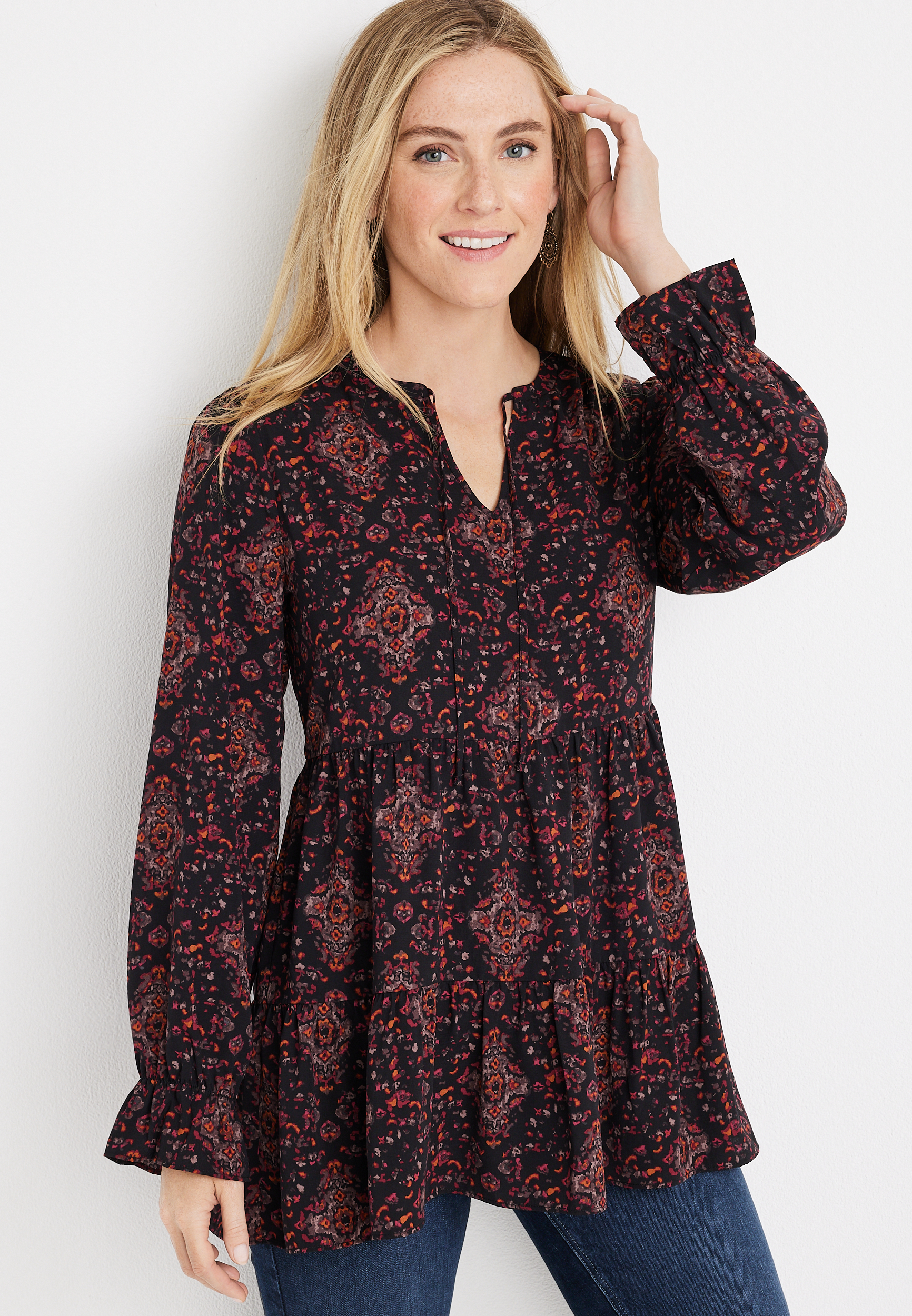 Medallion Print Tiered Tunic Blouse Maurices