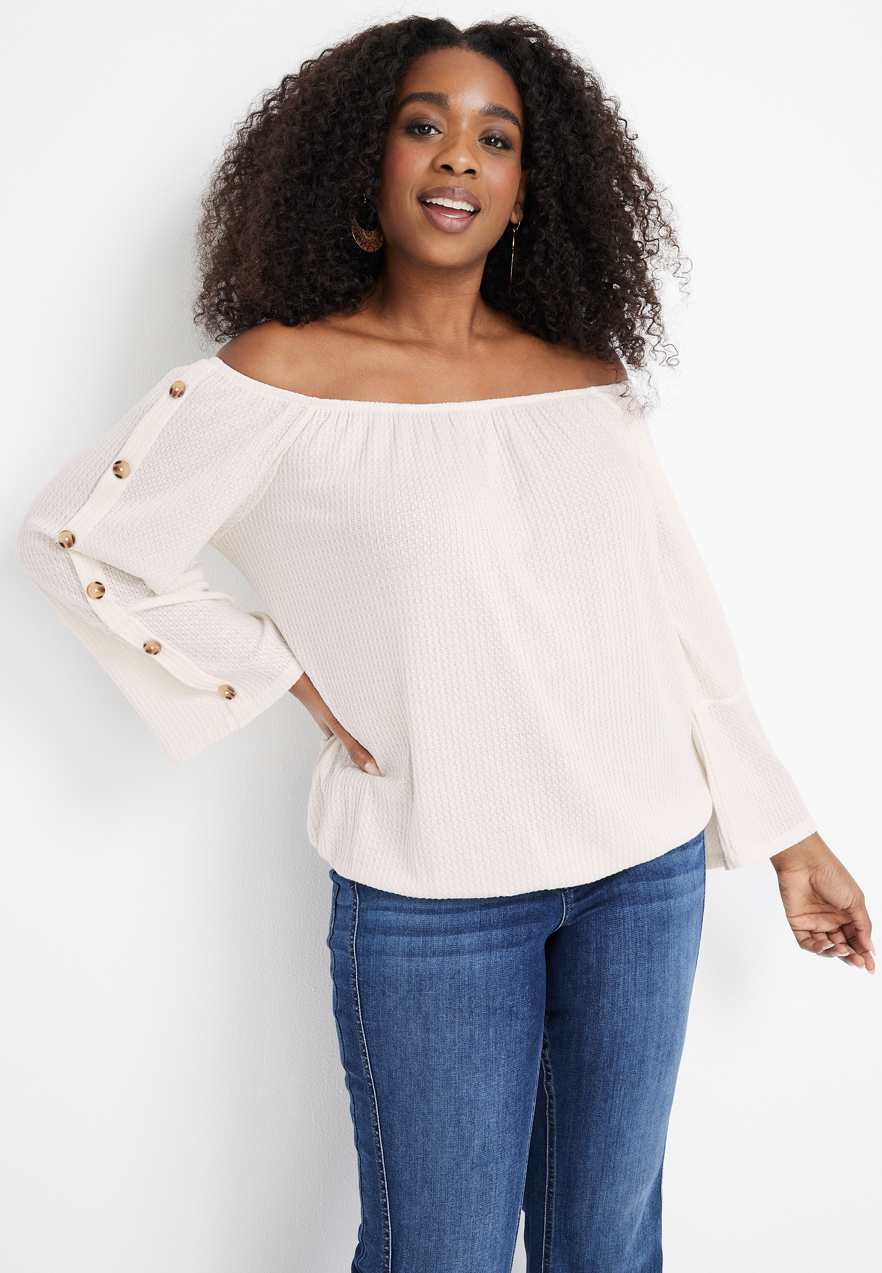 Plus Size Button Sleeve Off The Shoulder Blouse | maurices