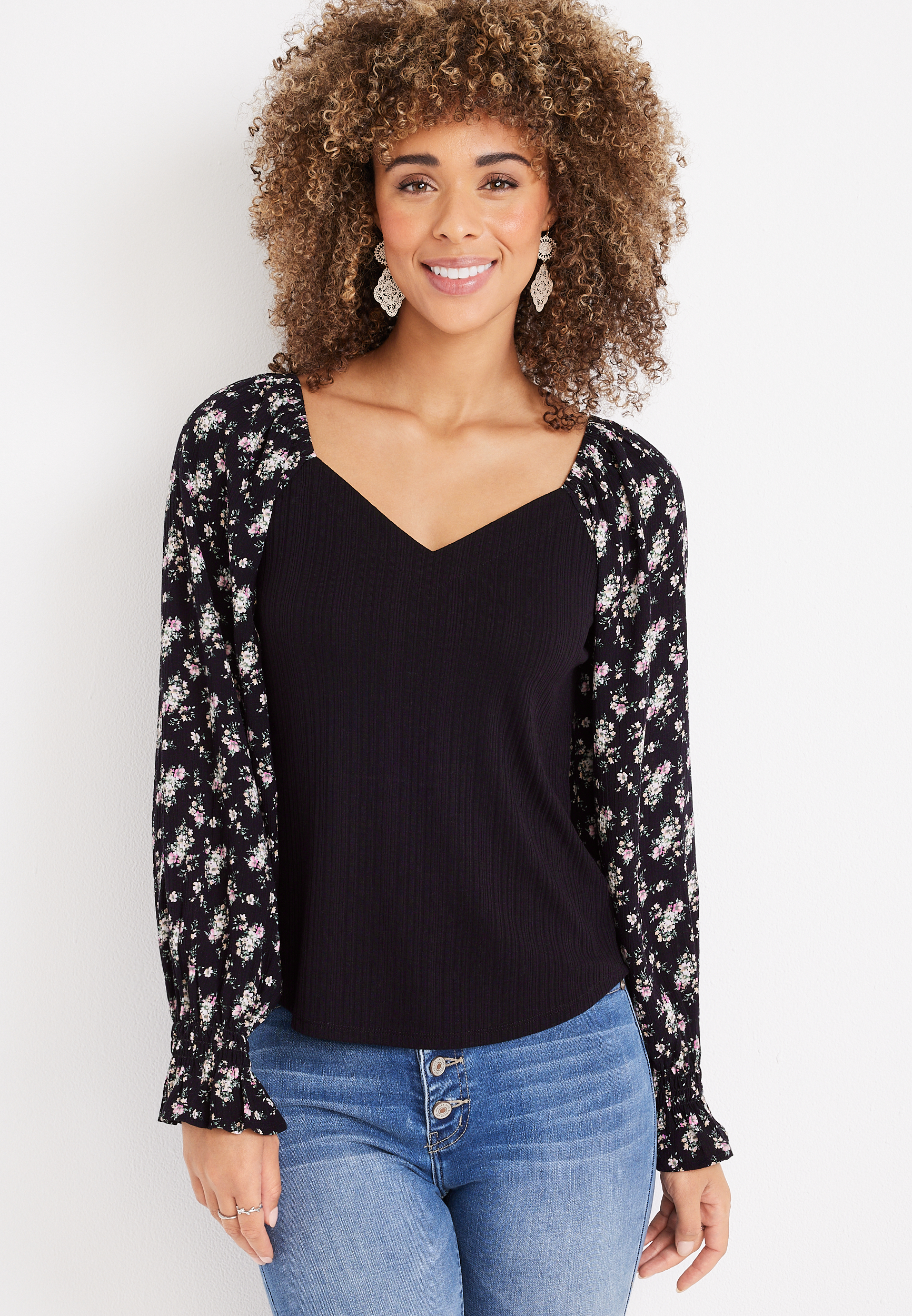 Floral Sleeve Sweetheart Neck Blouse | maurices