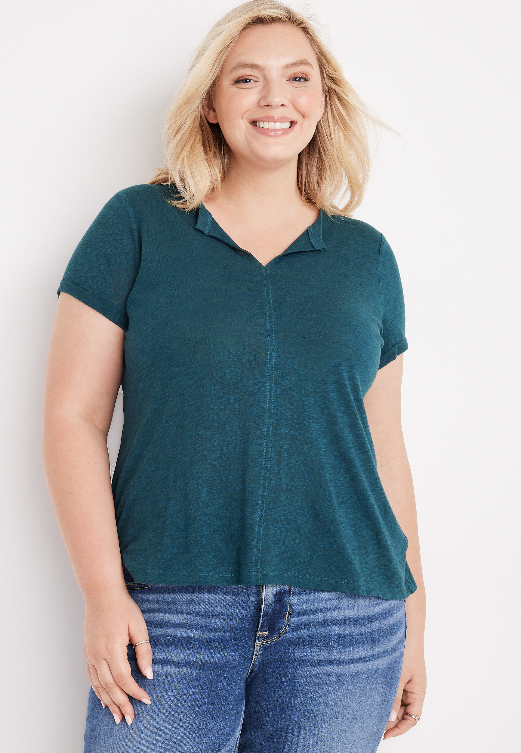 Plus Size 24/7 Forever Solid Notch Neck Tee | maurices