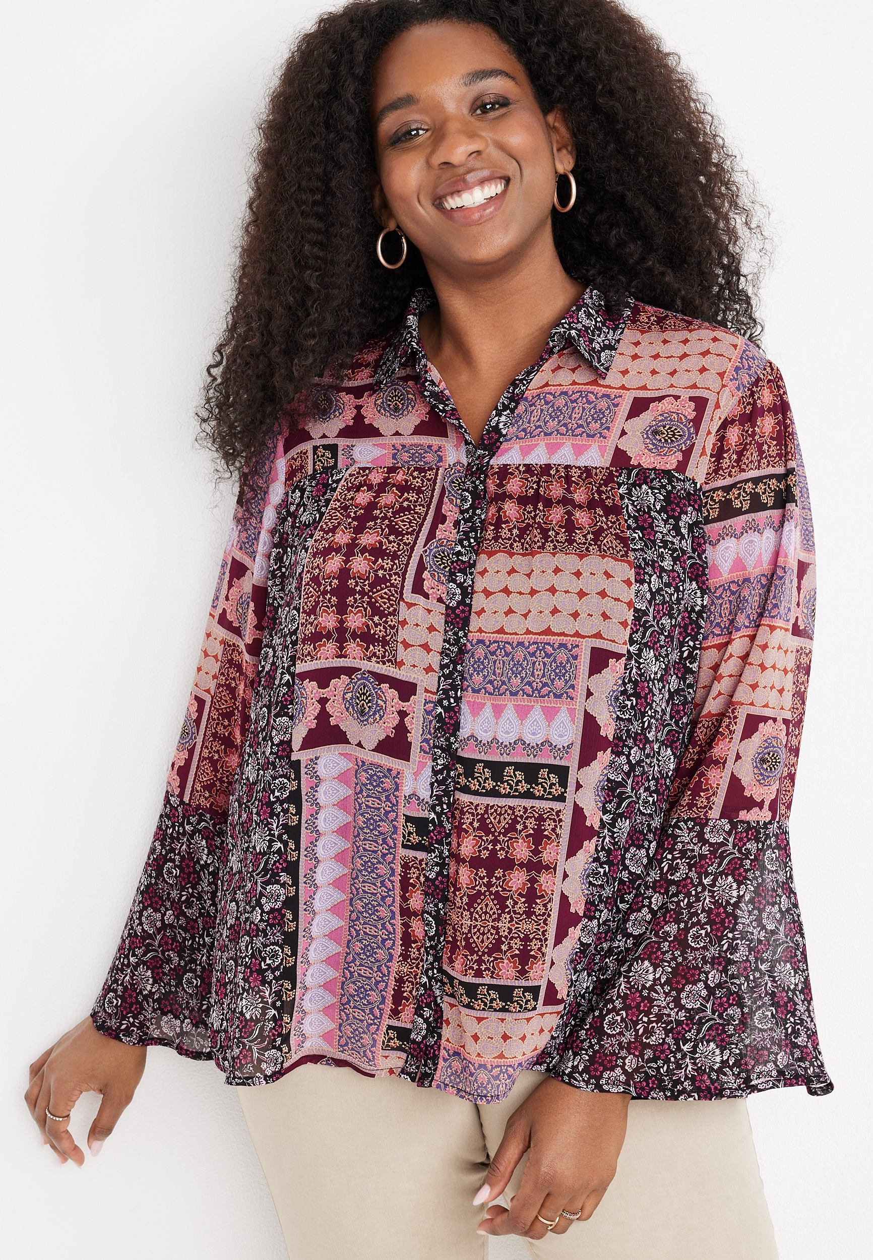 Plus Size Patchwork Bell Sleeve Blouse | maurices