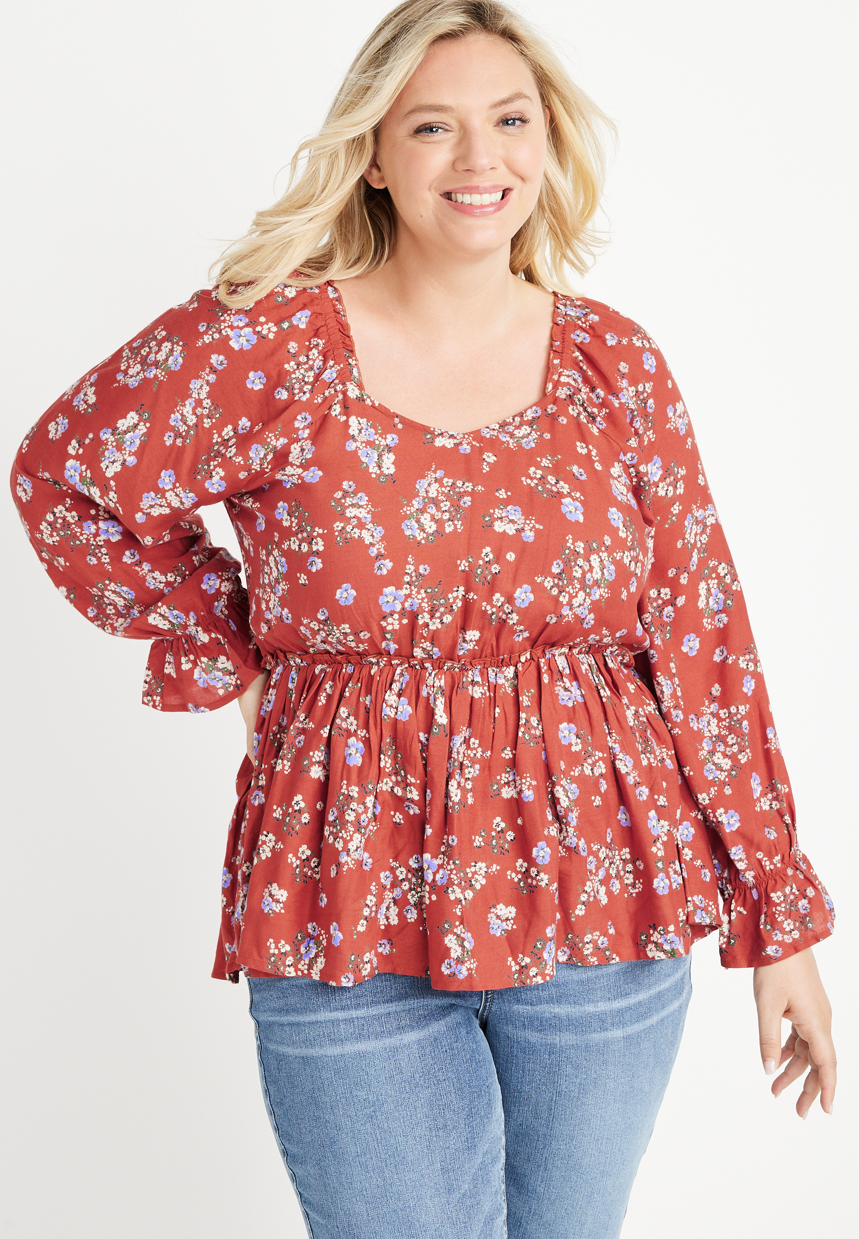 Plus Size Floral Smocked Waist Peplum Top Maurices
