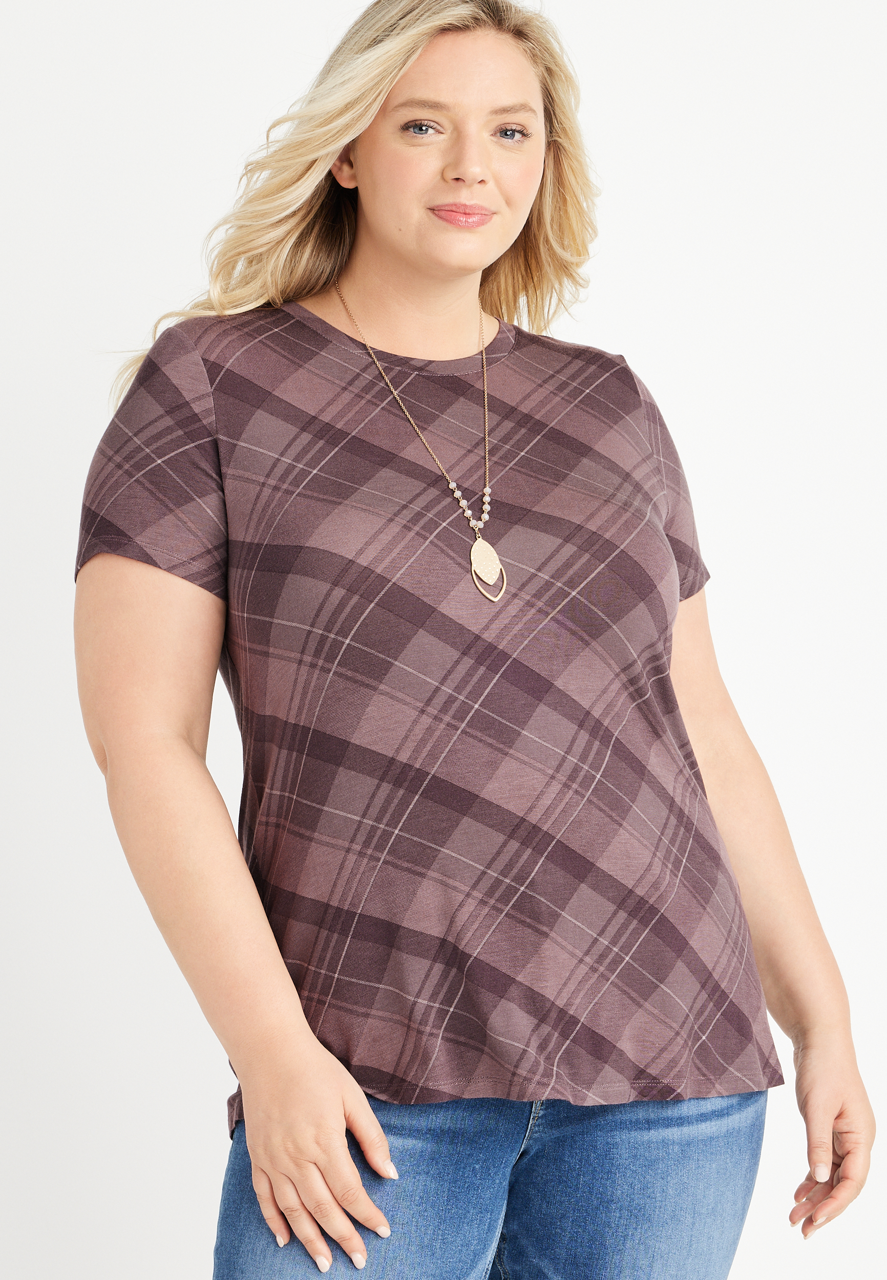 Plus Size 247 Flawless Plaid Crew Neck Tee Maurices