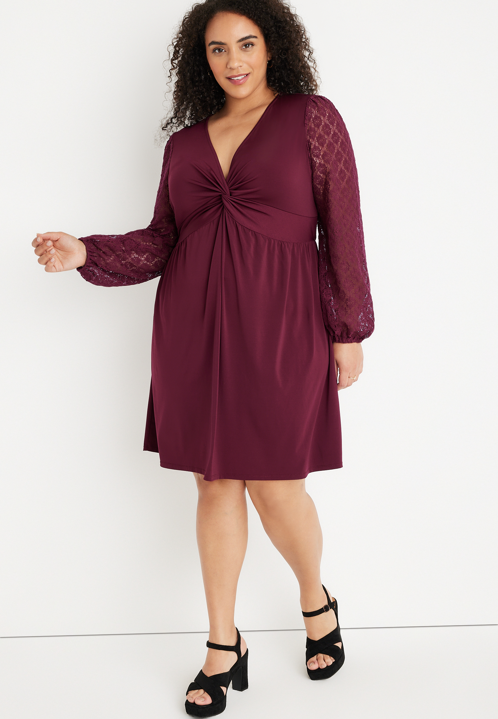 Plus Size Front Twist Lace Sleeve Babydoll Mini Dress | maurices