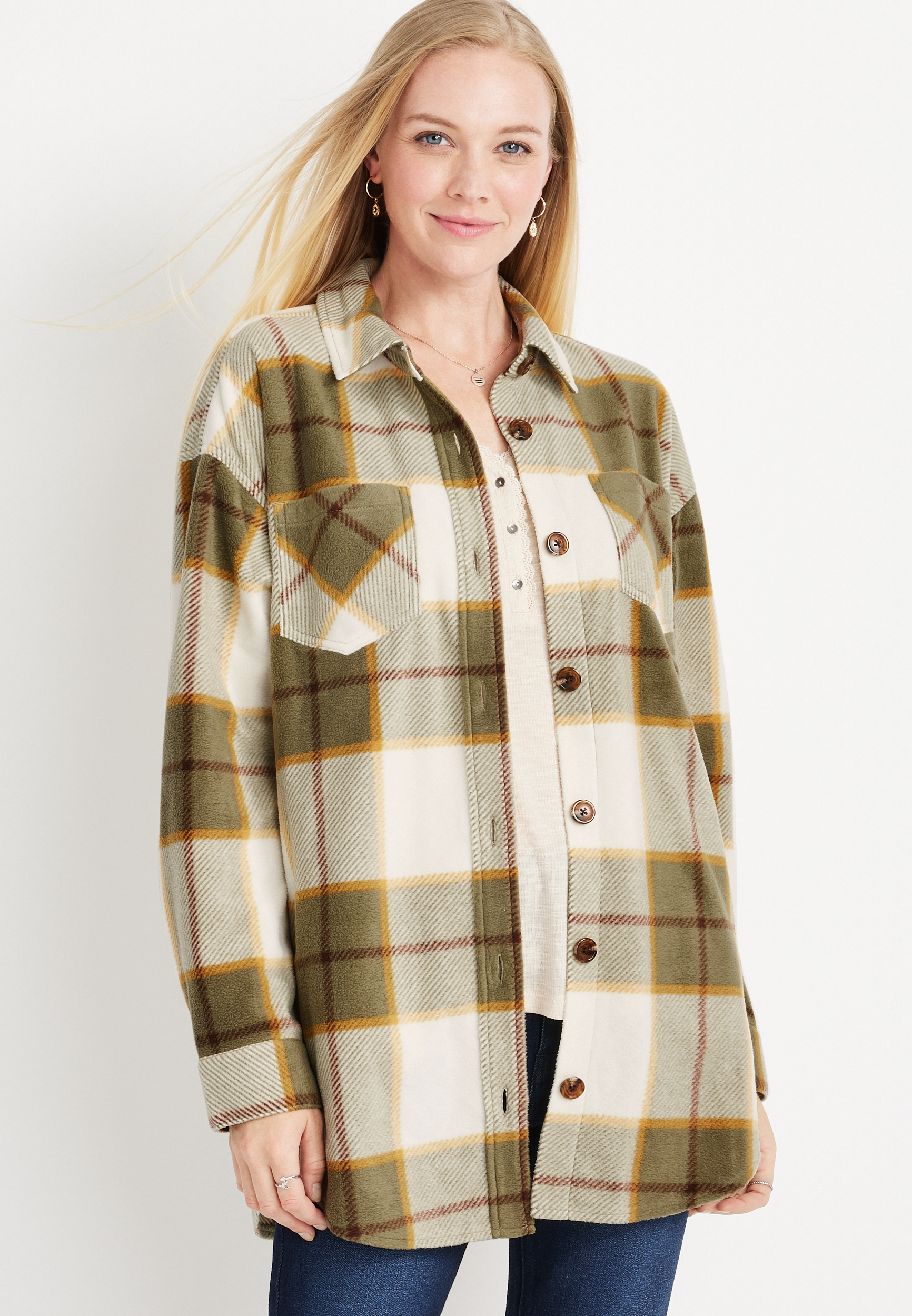 Olive Plaid Fleece Shacket | maurices