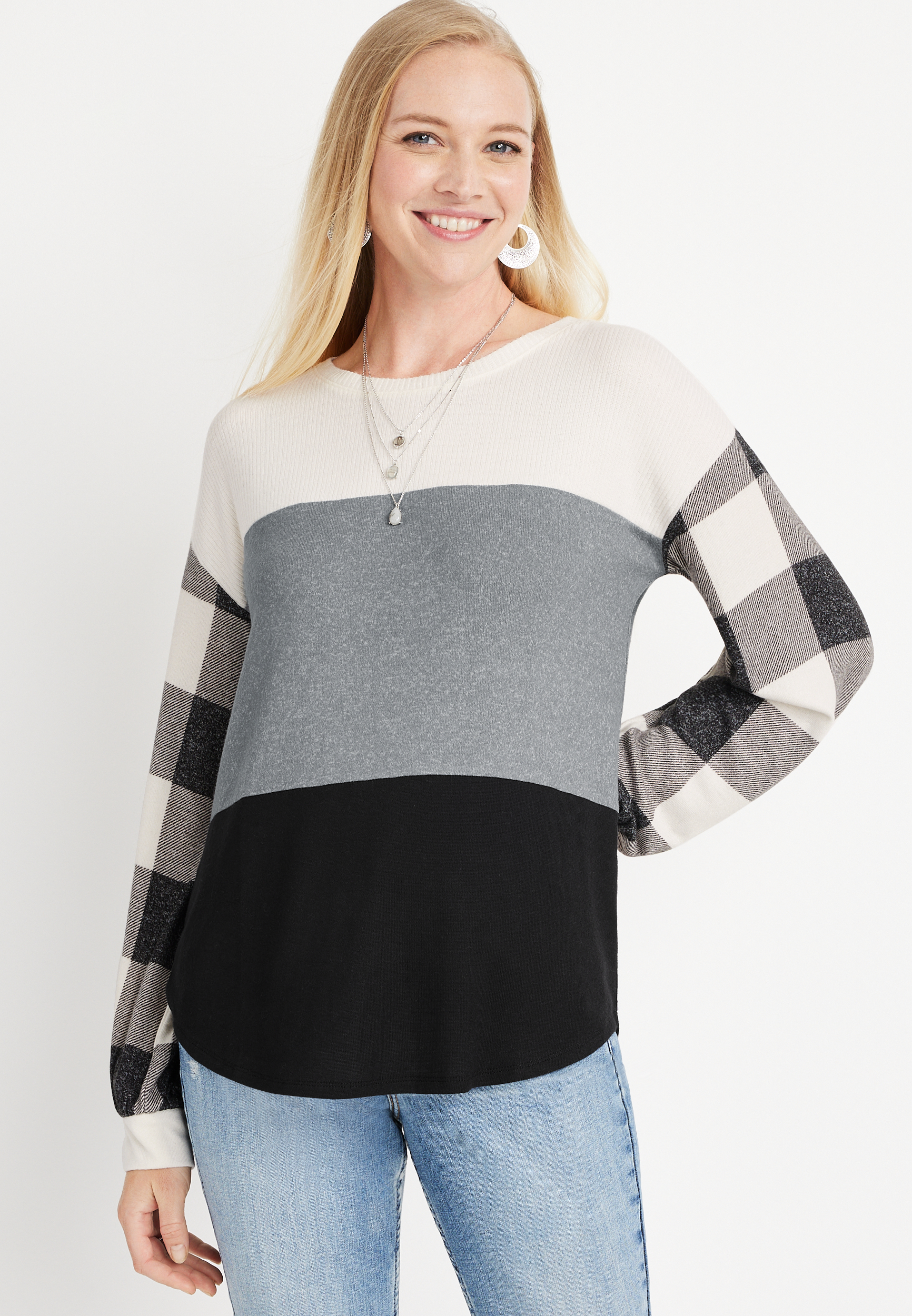 Colorblock Plaid Sleeve Mixer Tee | maurices