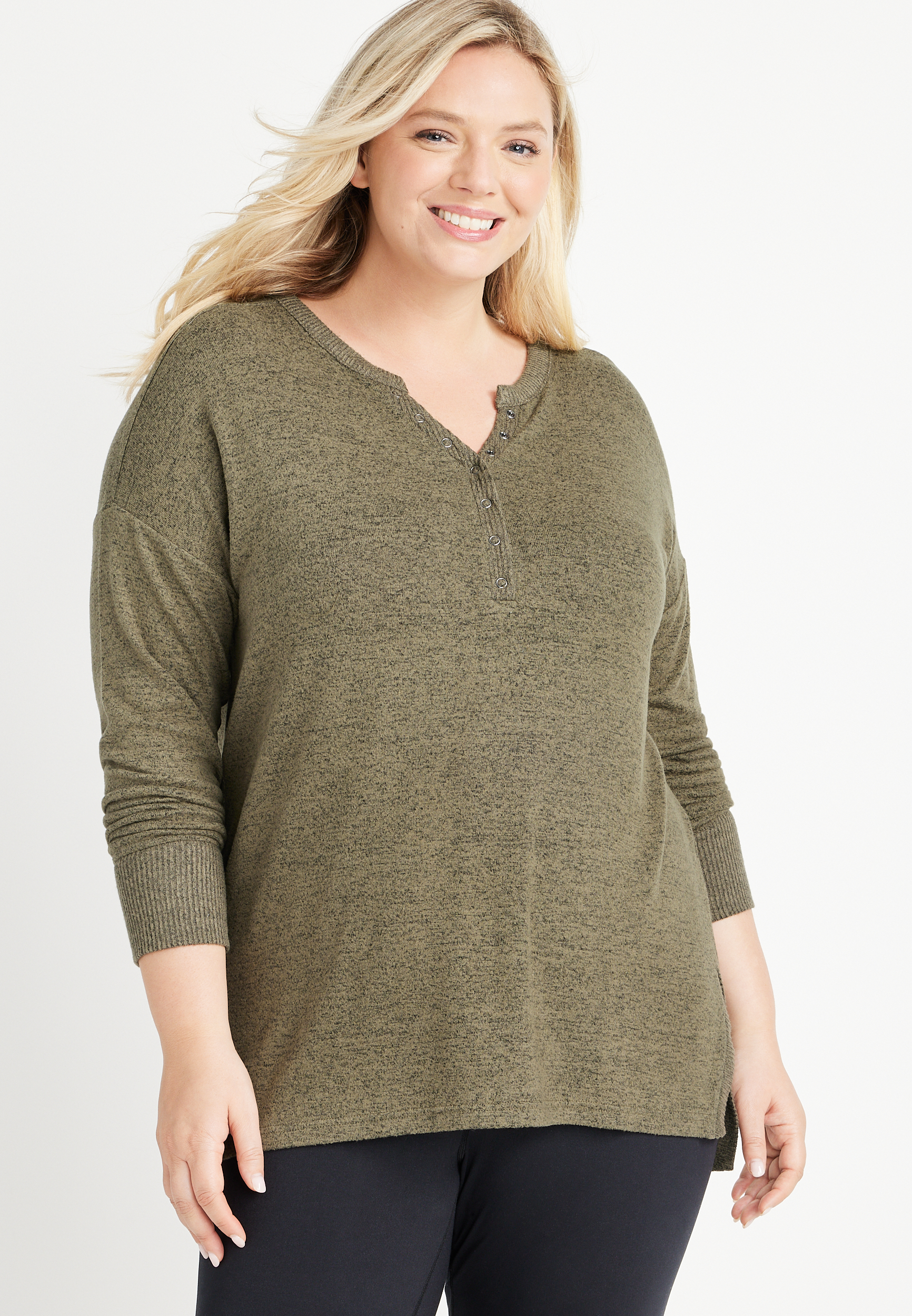 Plus Size Solid Boyfriend Henley Tunic | maurices