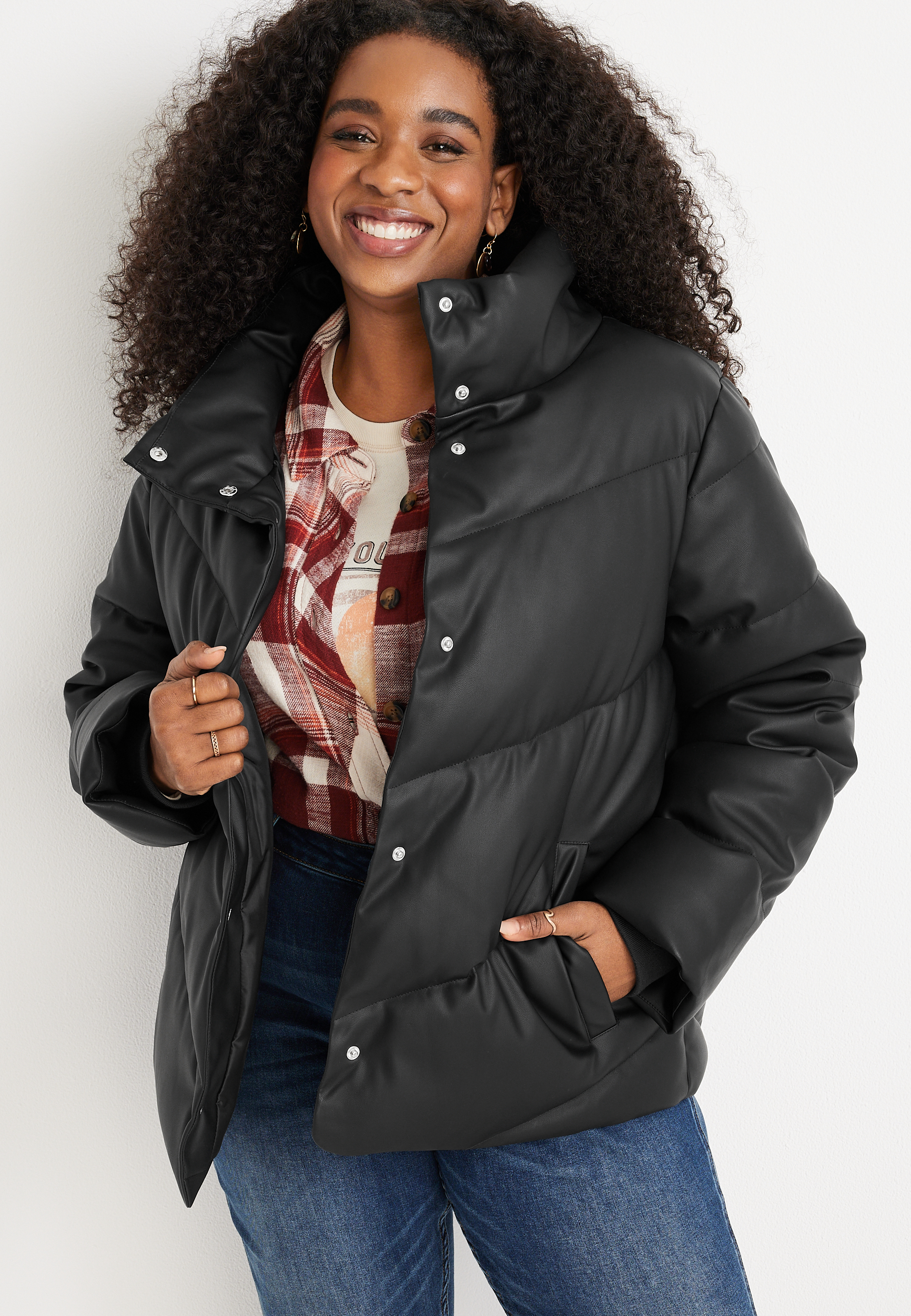 Plus Size Black Faux Leather Short Puffer Jacket | maurices