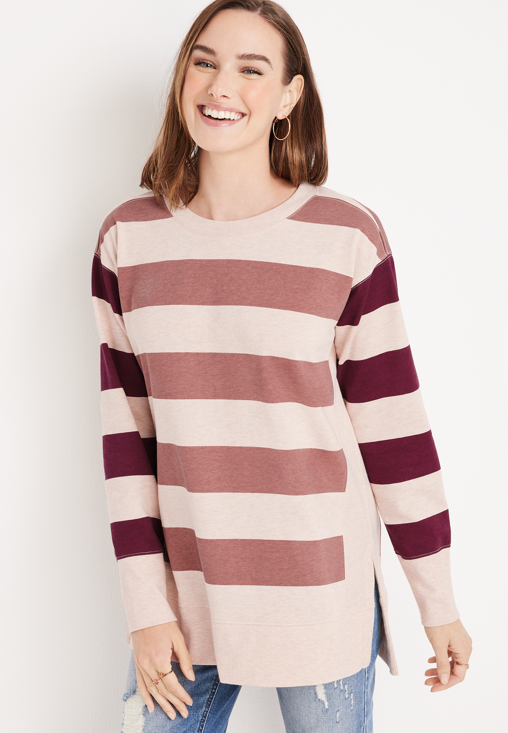 Willowsoft Striped Crew Neck Fleece Sweatshirt | maurices