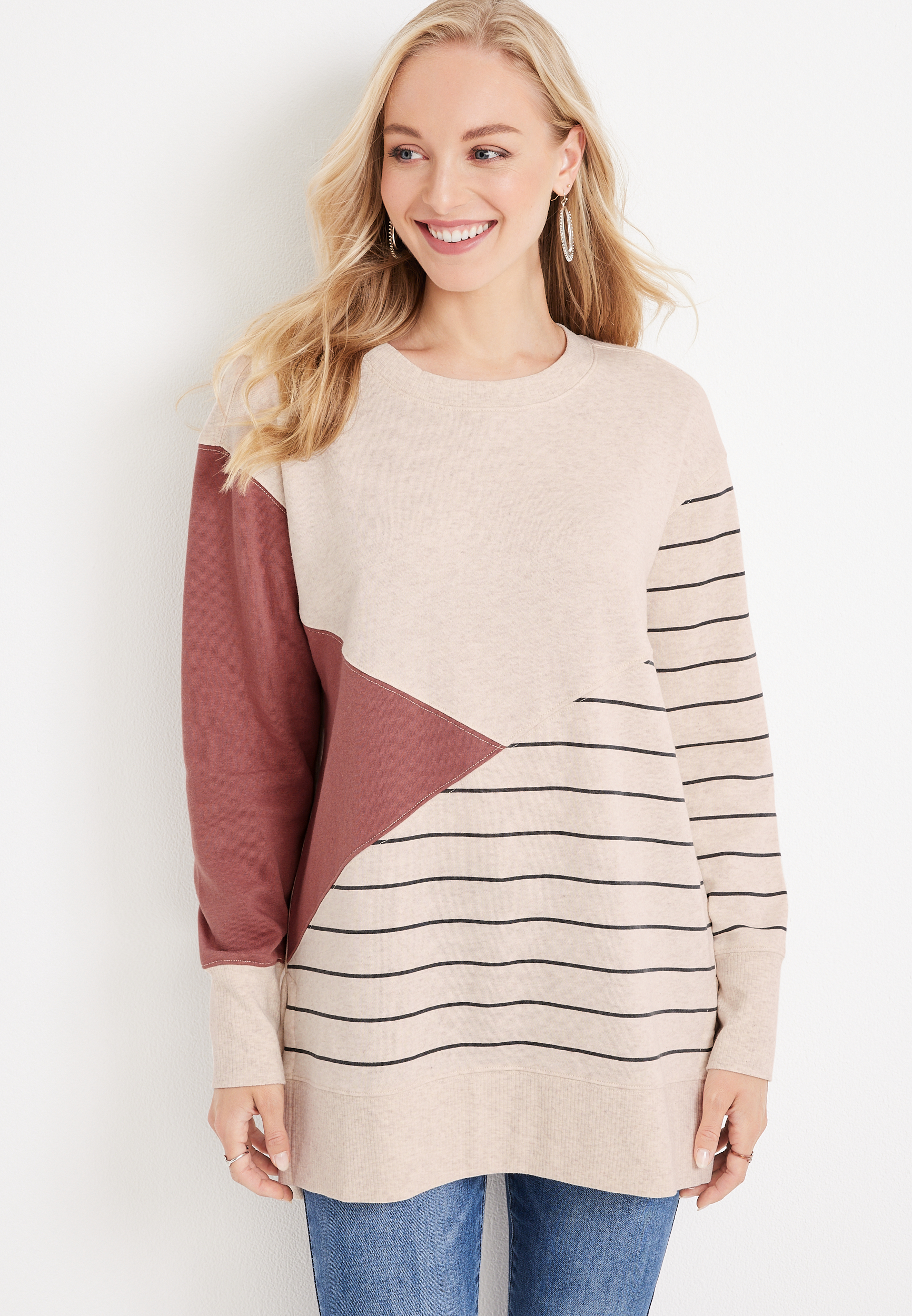 Willowsoft Striped Colorblock Crew Neck Fleece Sweatshirt | maurices