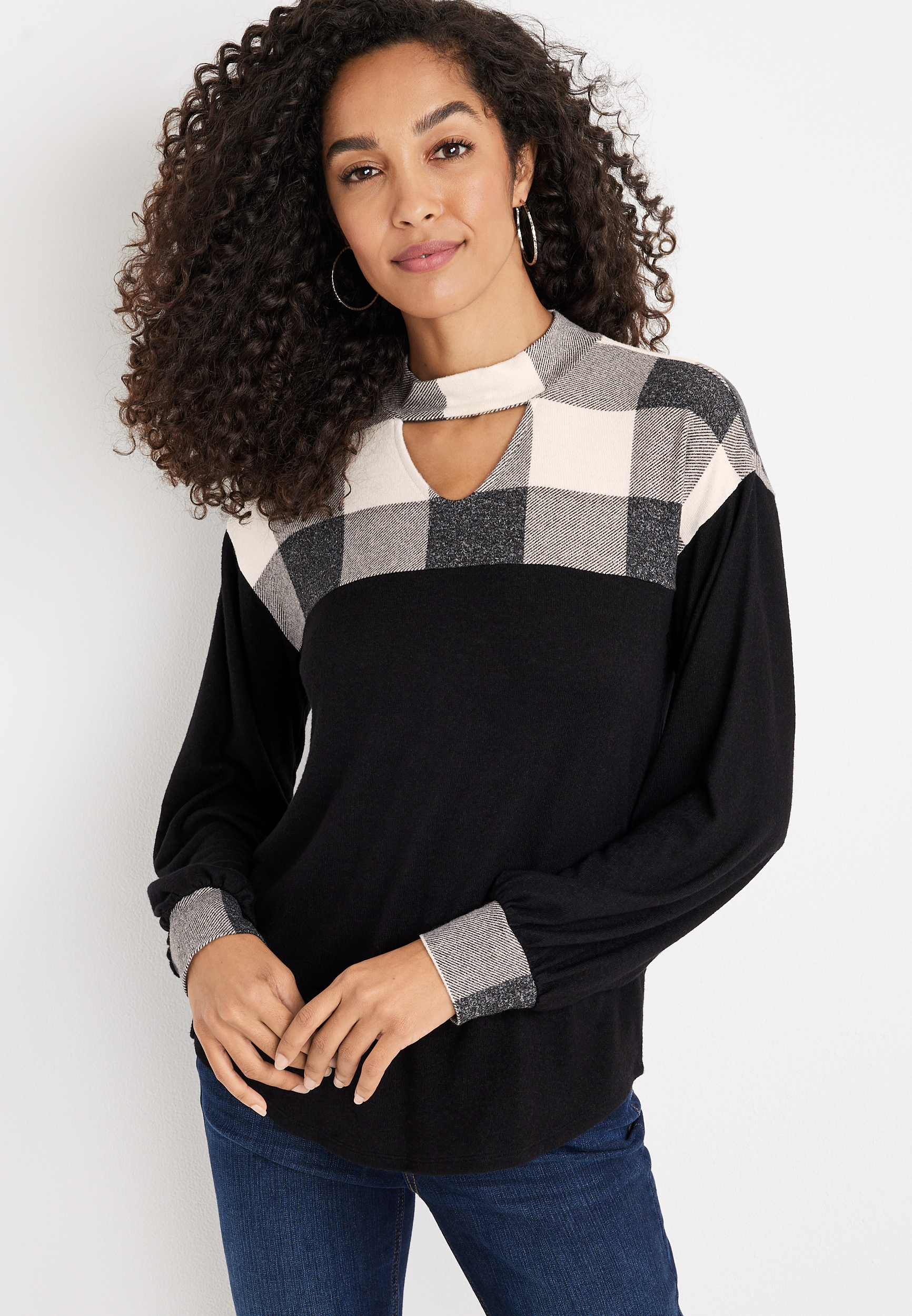 Colorblock Plaid Cut Out Mixer Tee | maurices