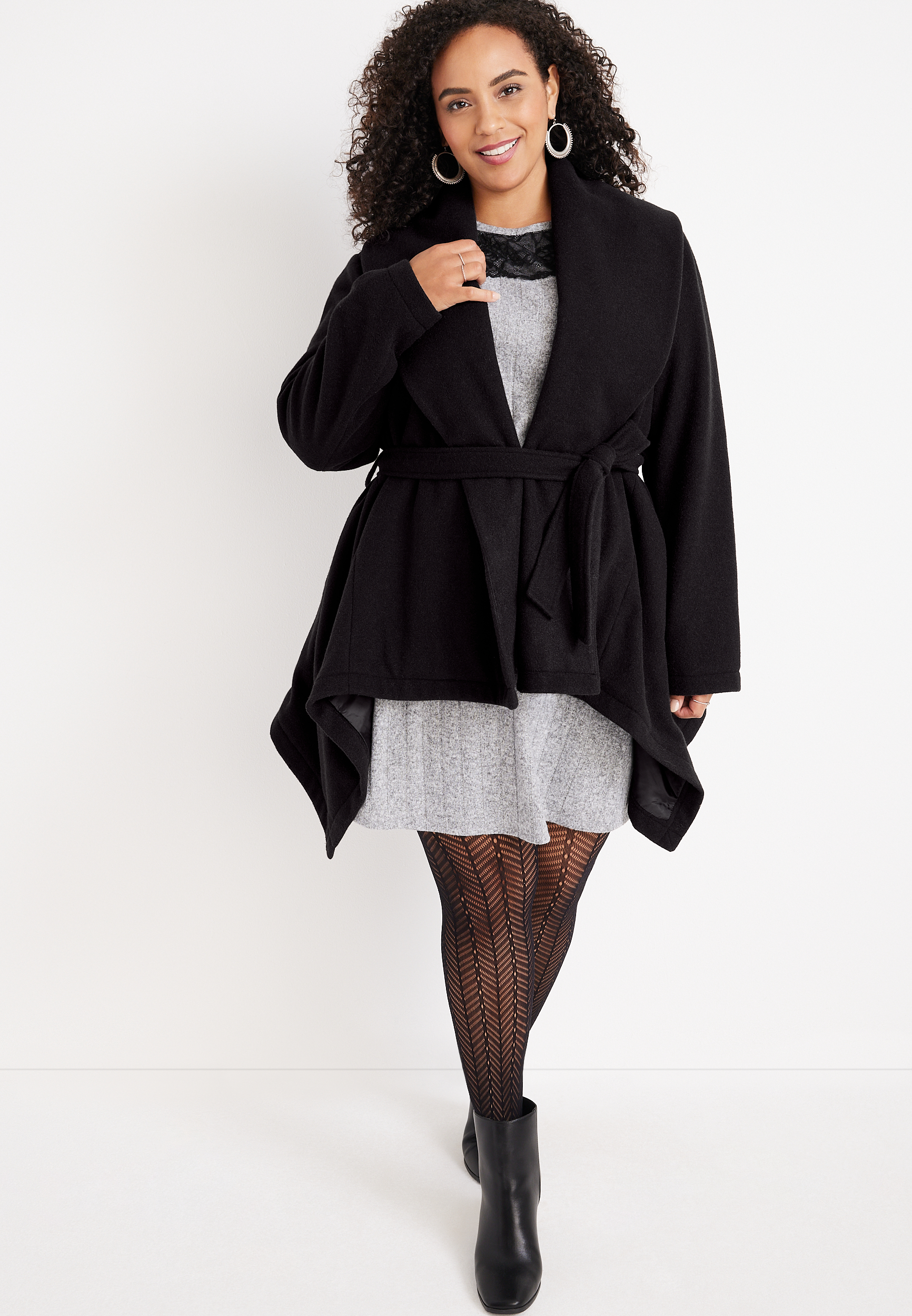 Plus Size Black Belted Wrap Coat Maurices