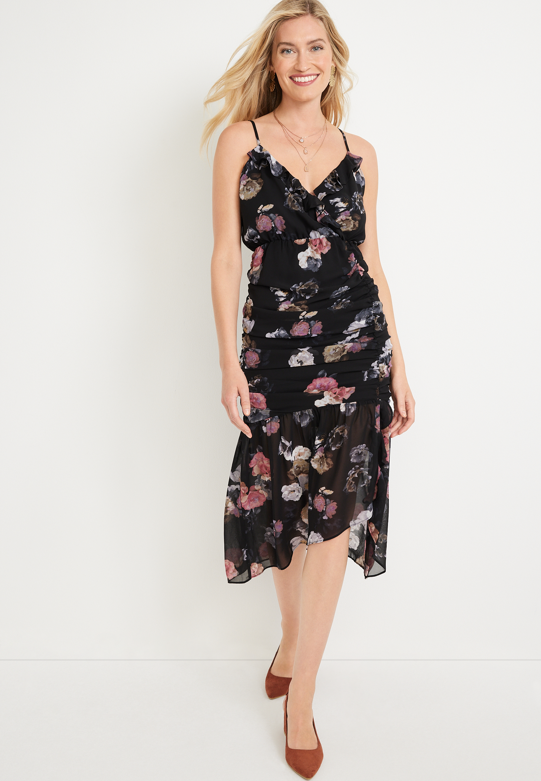 Floral V Neck Midi Dress | maurices