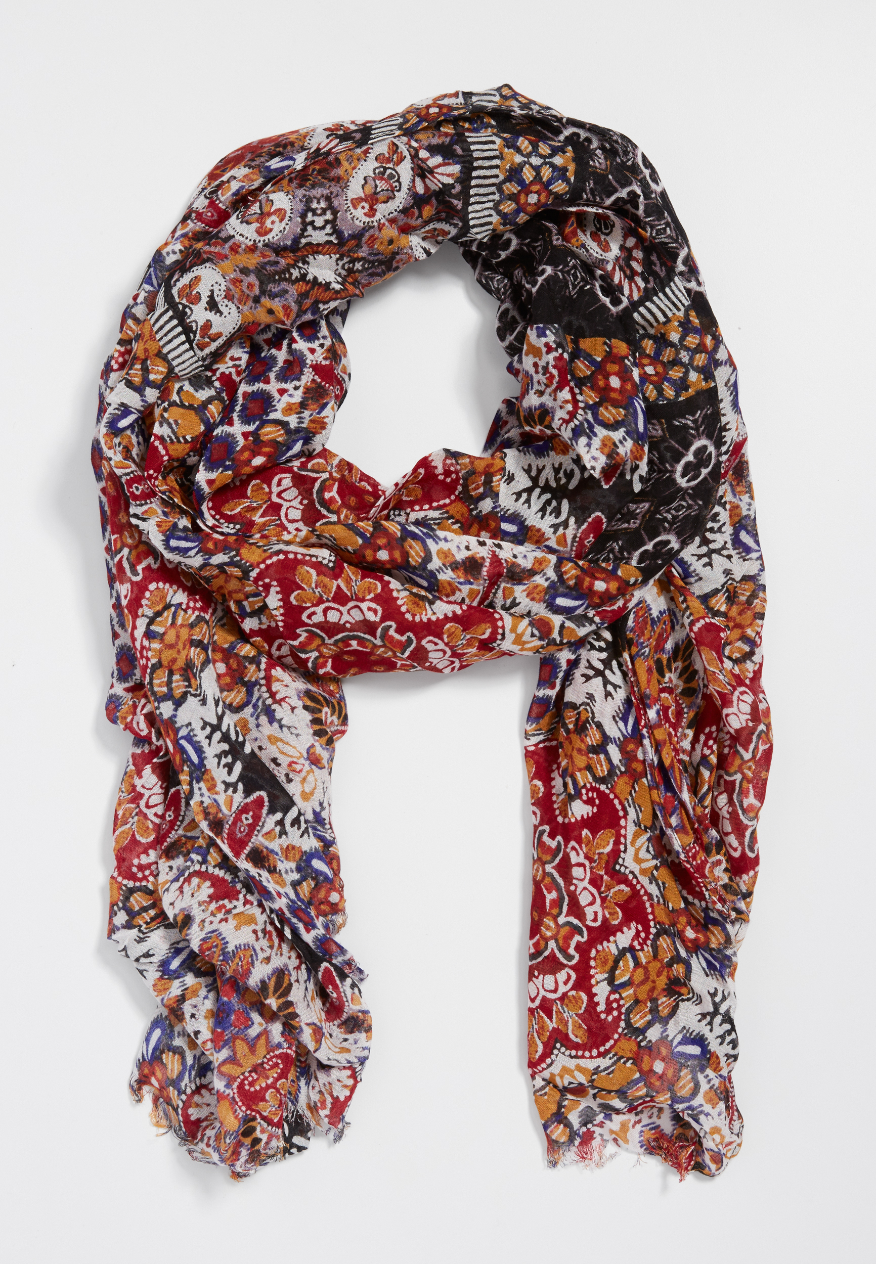 mix patterned scarf with raw edges | maurices