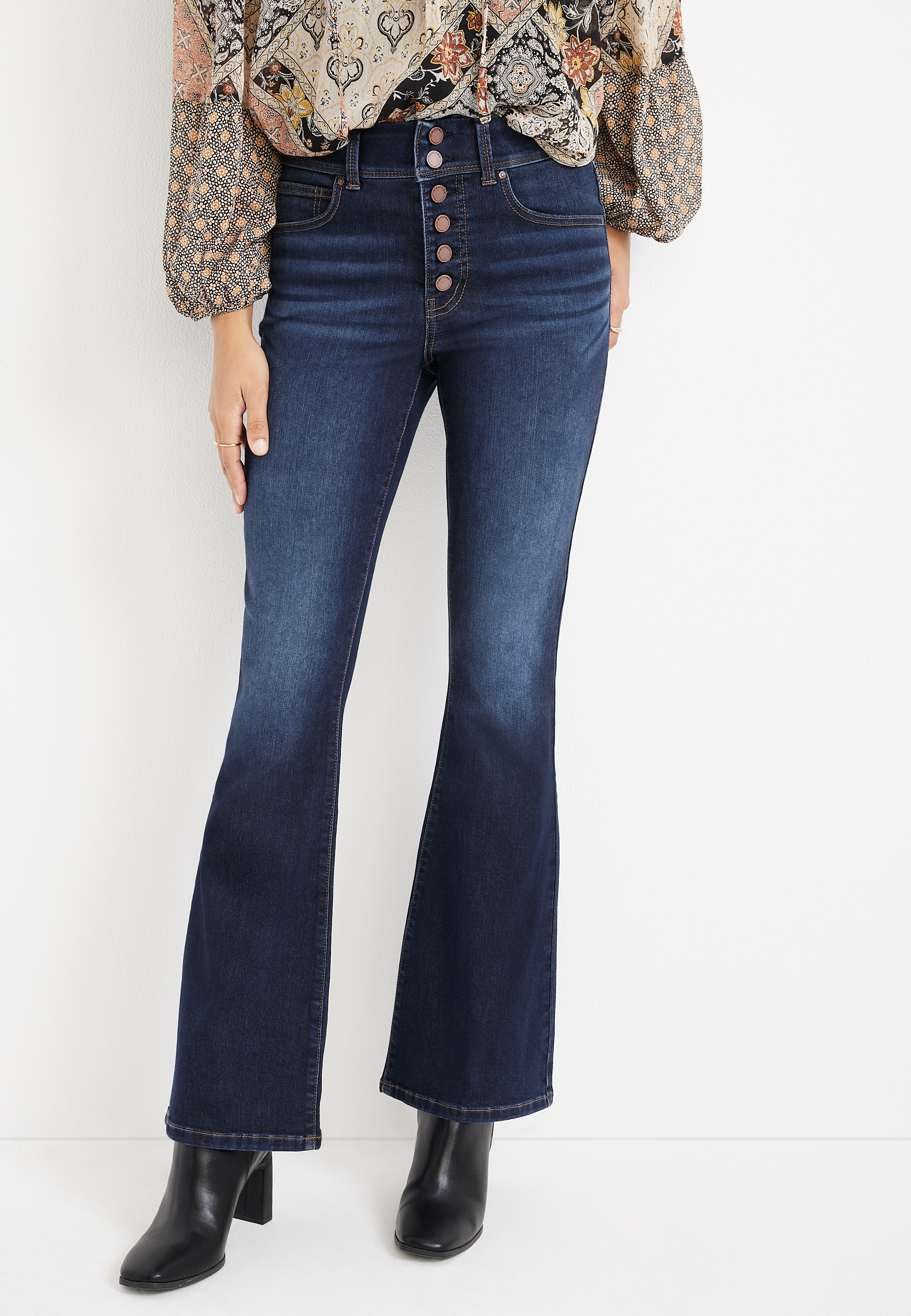 m jeans by maurices™ Everflex™ Flare Button Fly High Rise Jean | maurices
