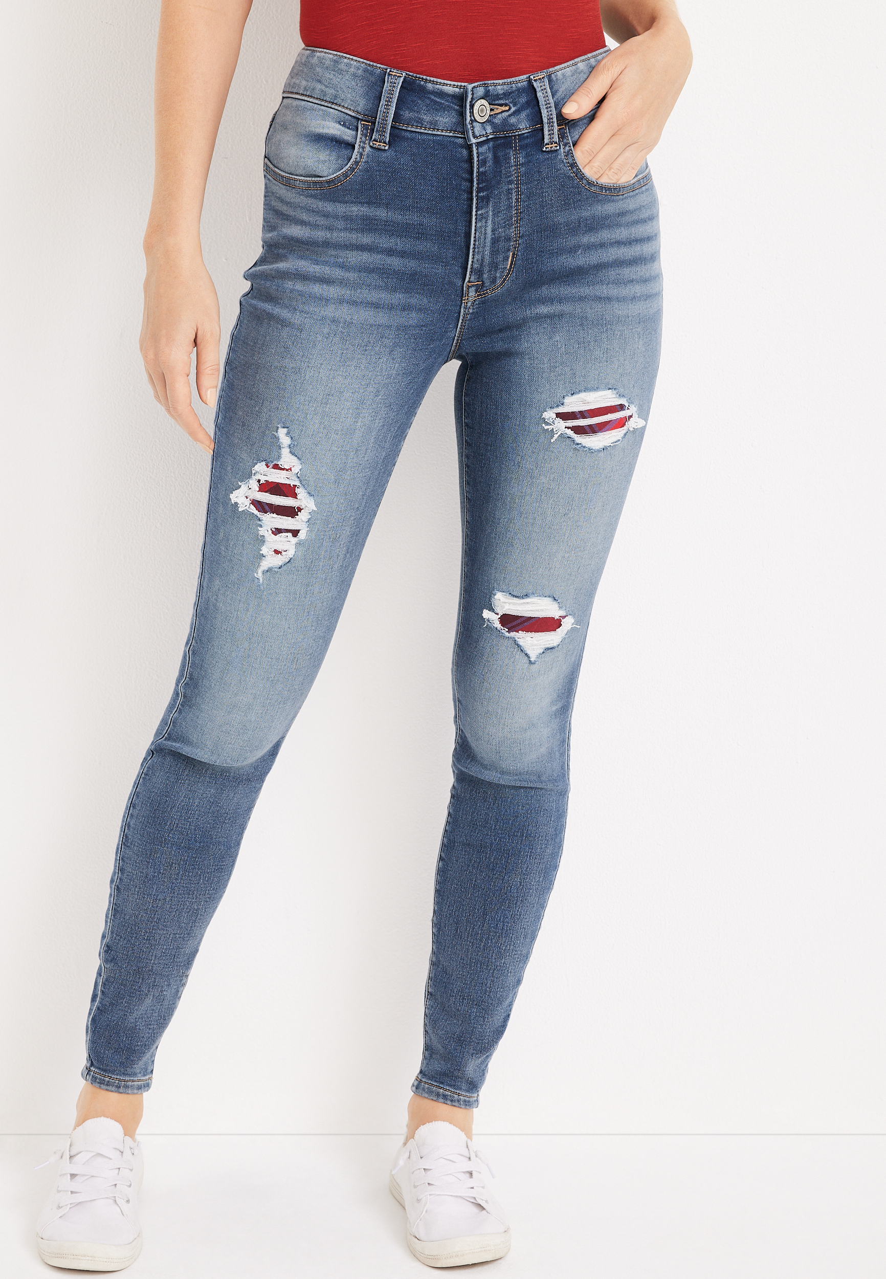 m jeans by maurices™ Super Soft Plaid Backed Ripped High Rise Jegging ...