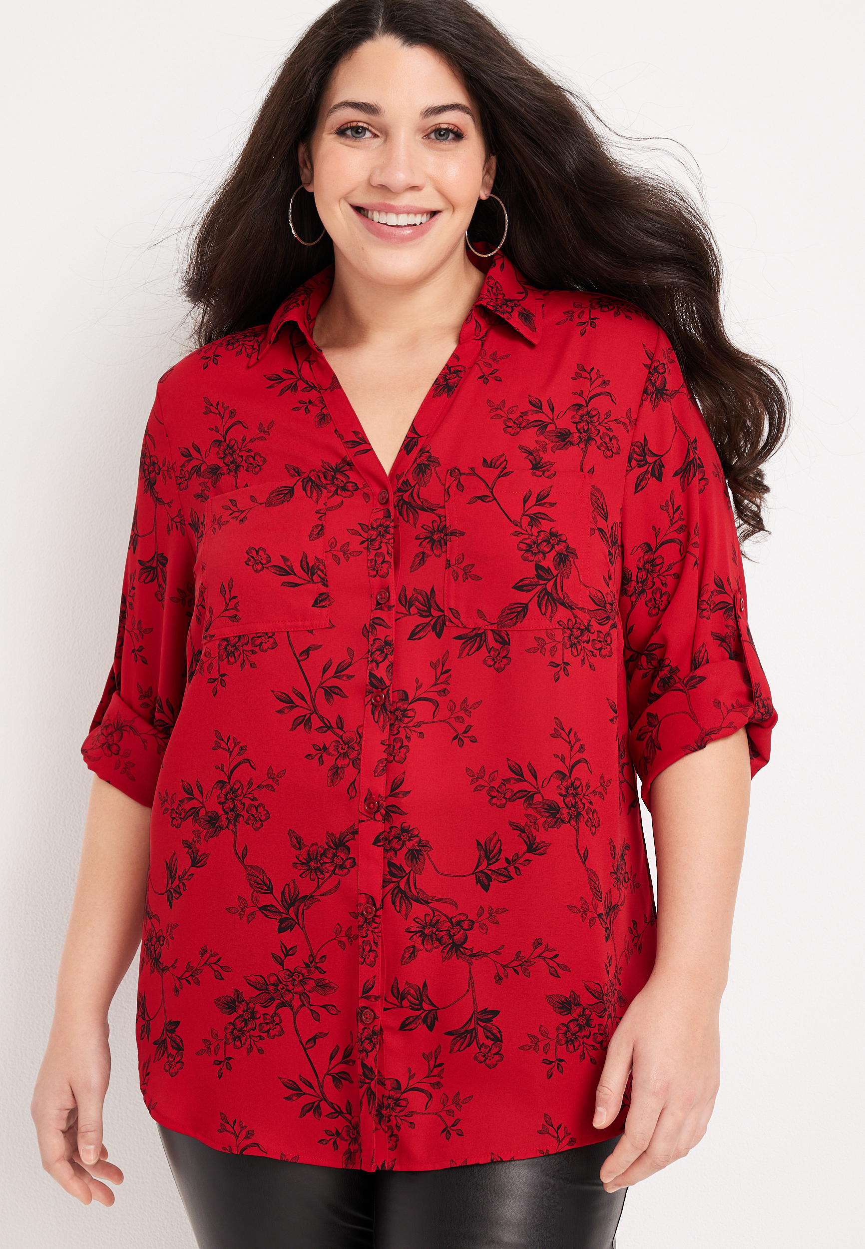Plus Size Winona Red Floral Button Down Blouse Maurices