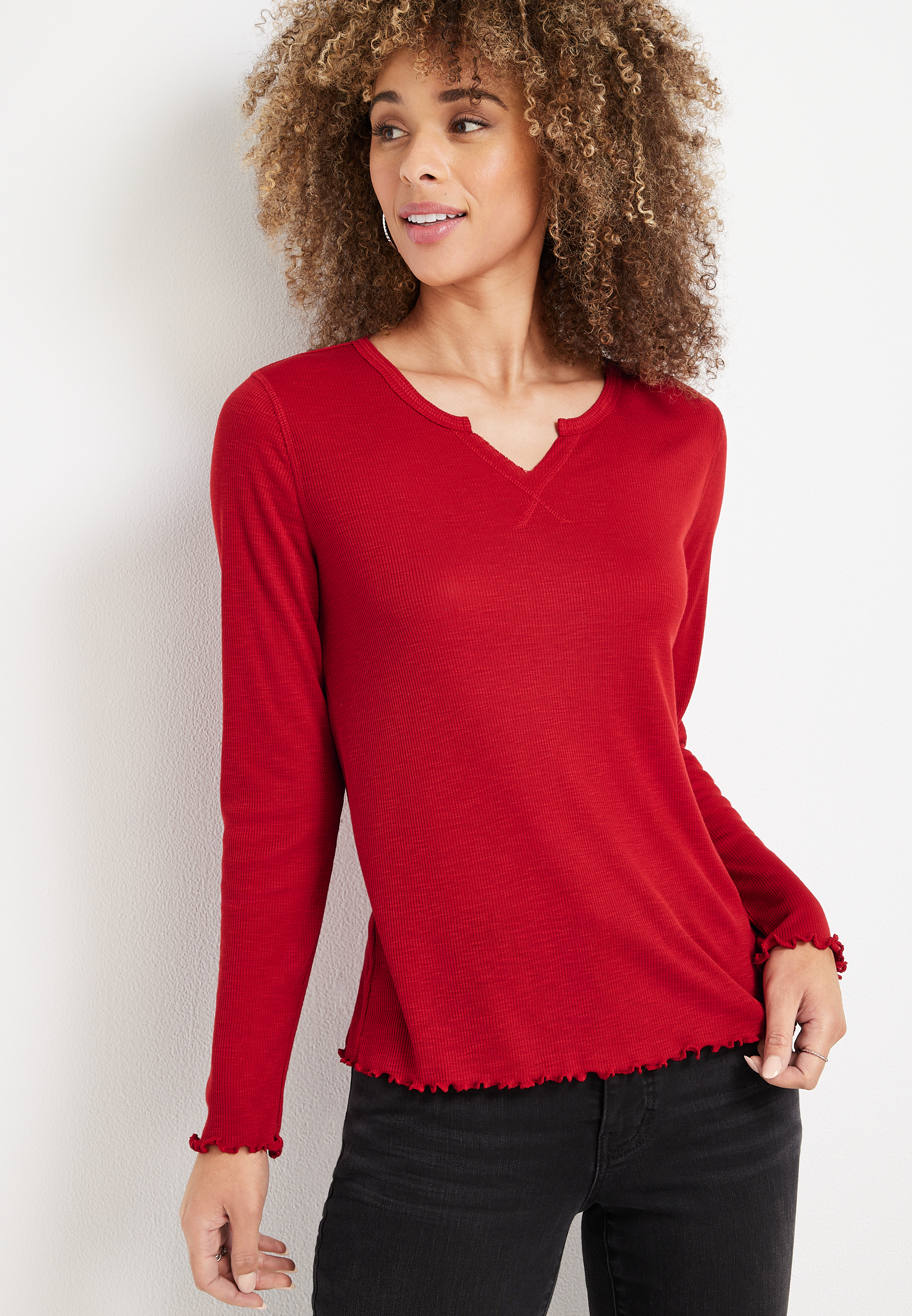Solid Notch Neck Long Sleeve Tee | maurices