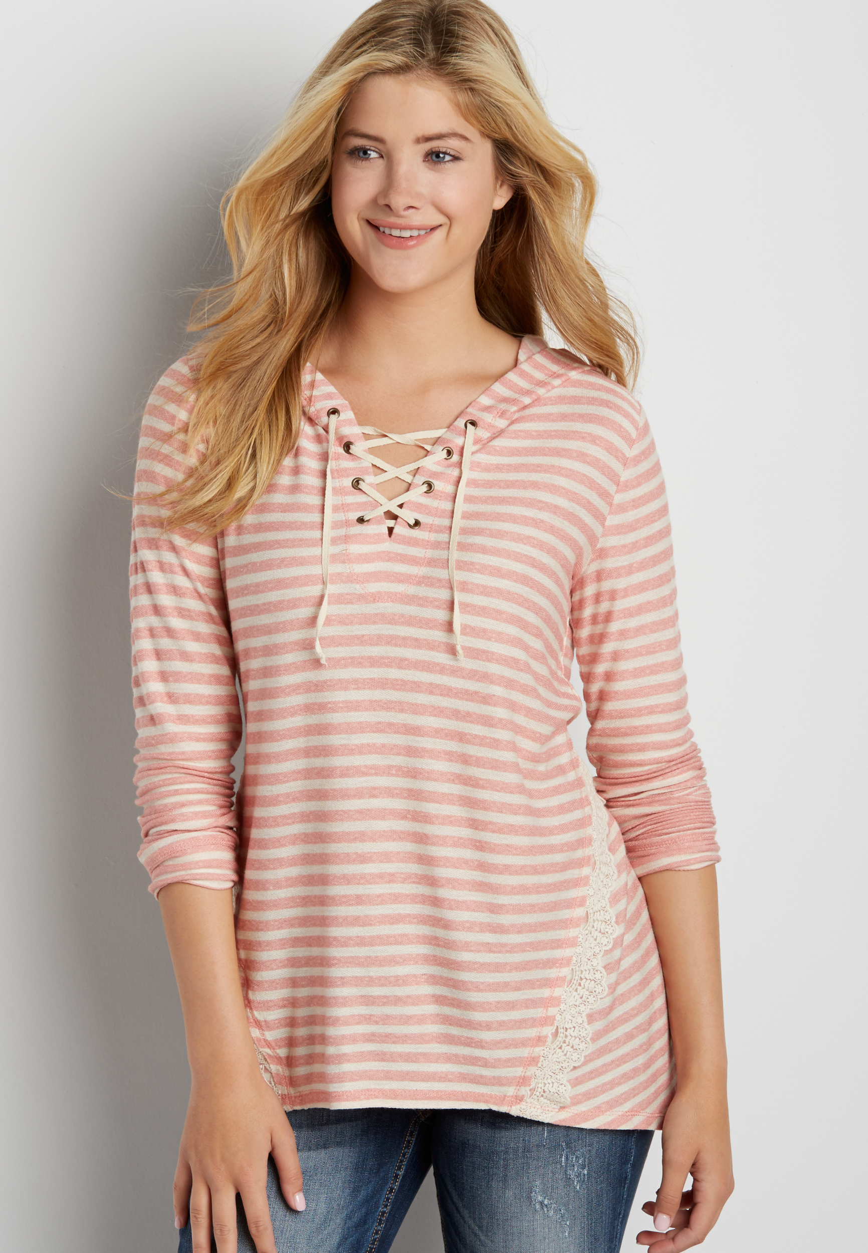 striped pullover with hood and shark bite lacy hem | maurices