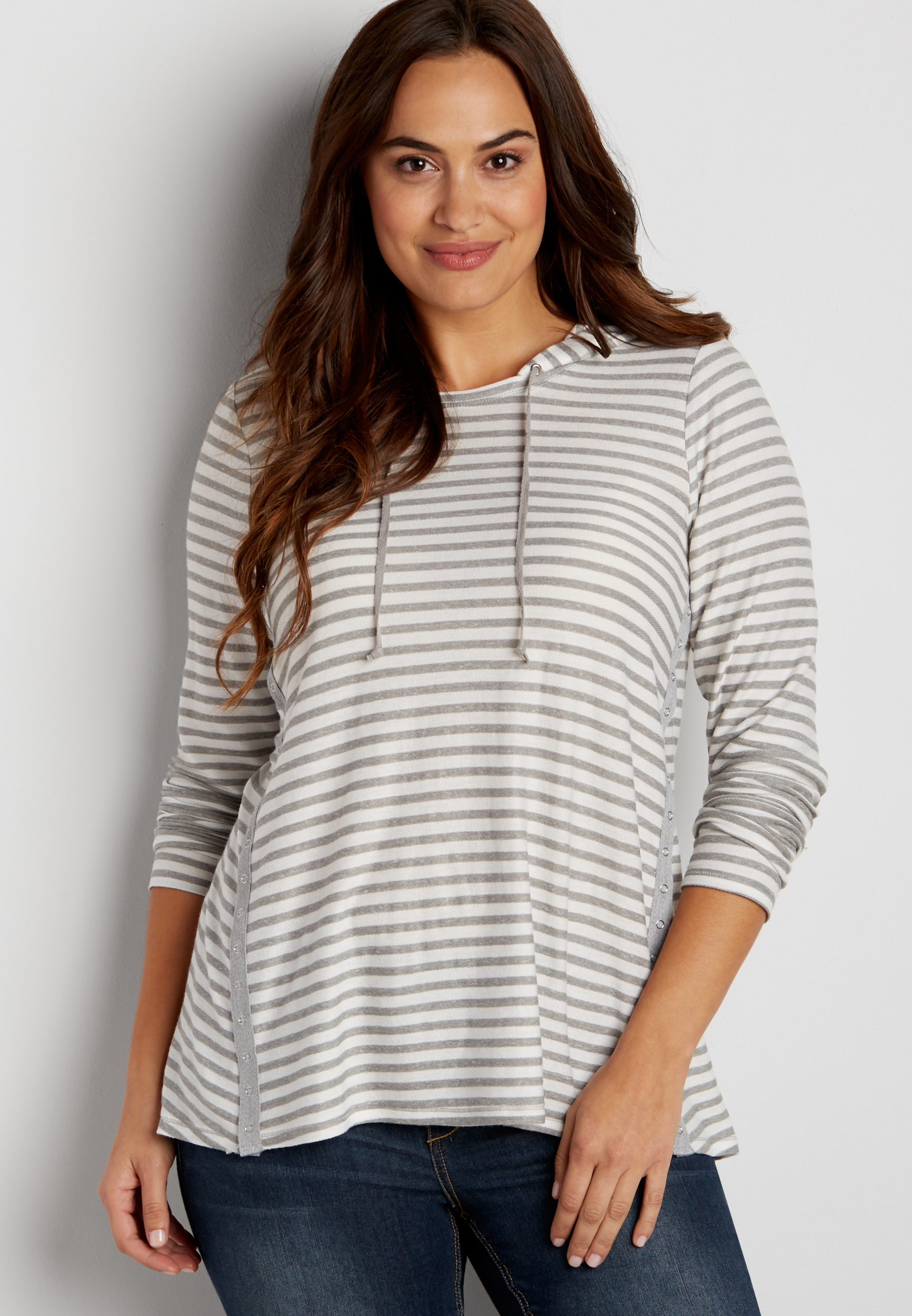 plus size striped pullover with hood and snap buttons | maurices