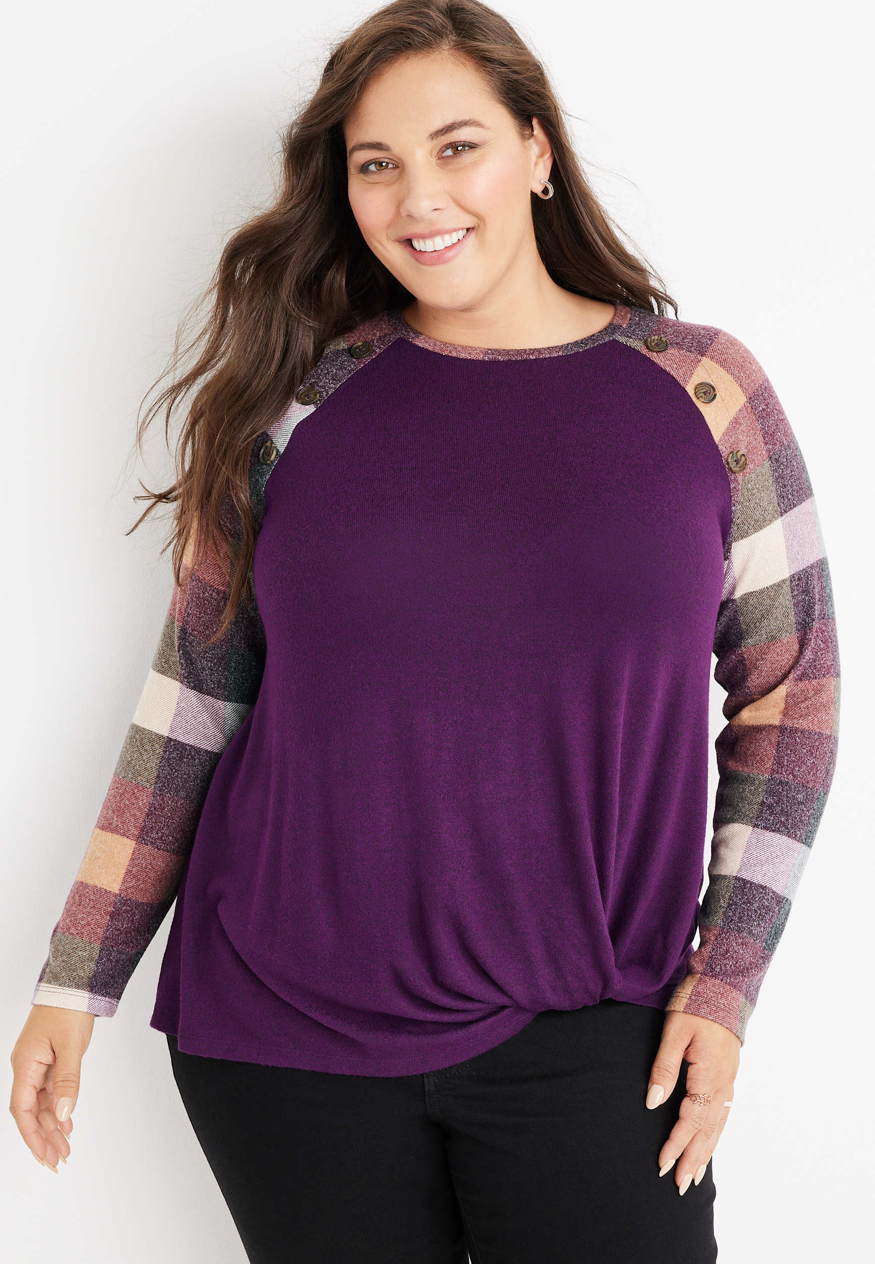 Plus Size Plaid Sleeve Front Knot Button Mixer Tee | maurices