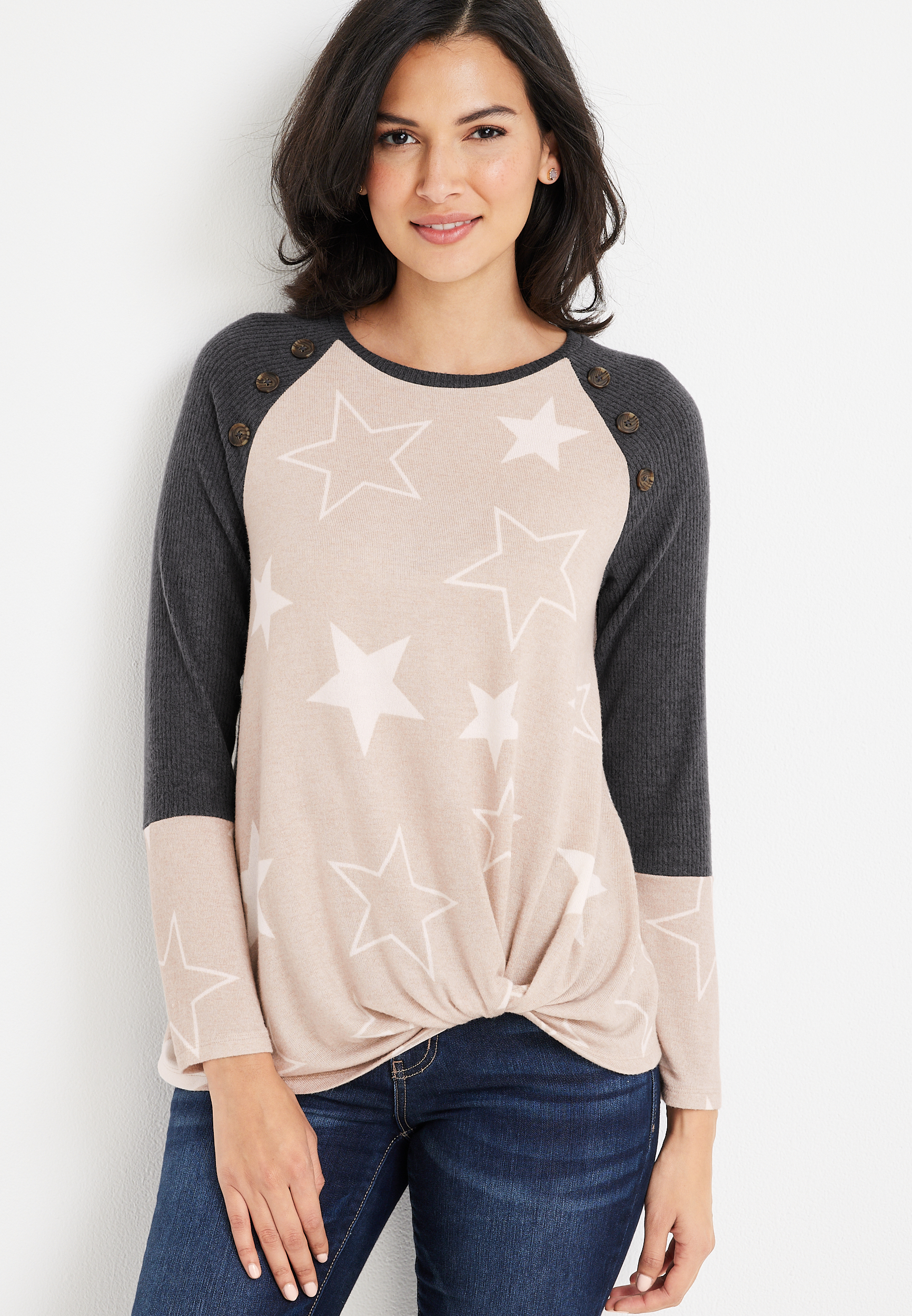 Front Knot Button Mixer Tee | maurices