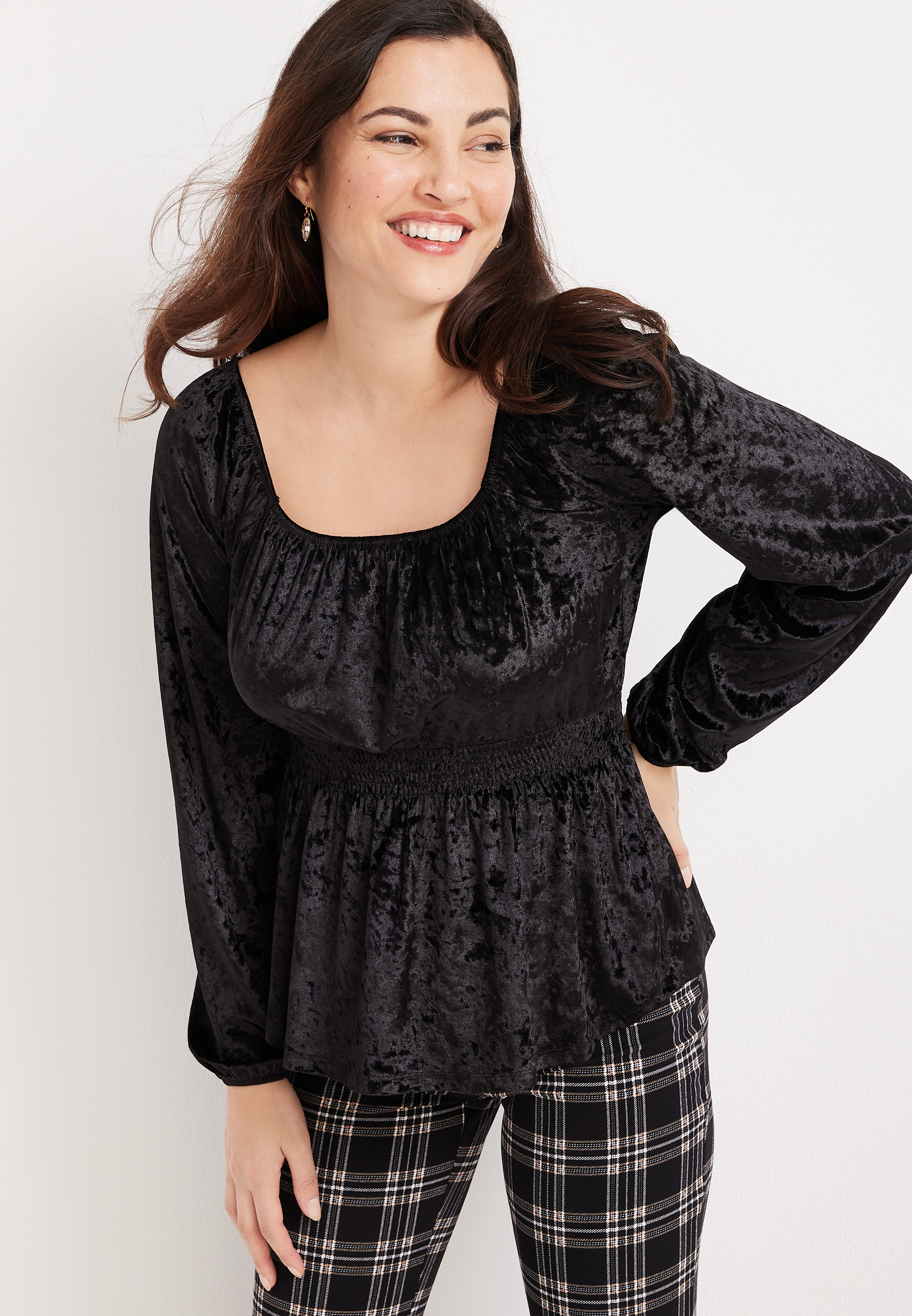 Crushed Velvet Smocked Waist Peplum Top | maurices