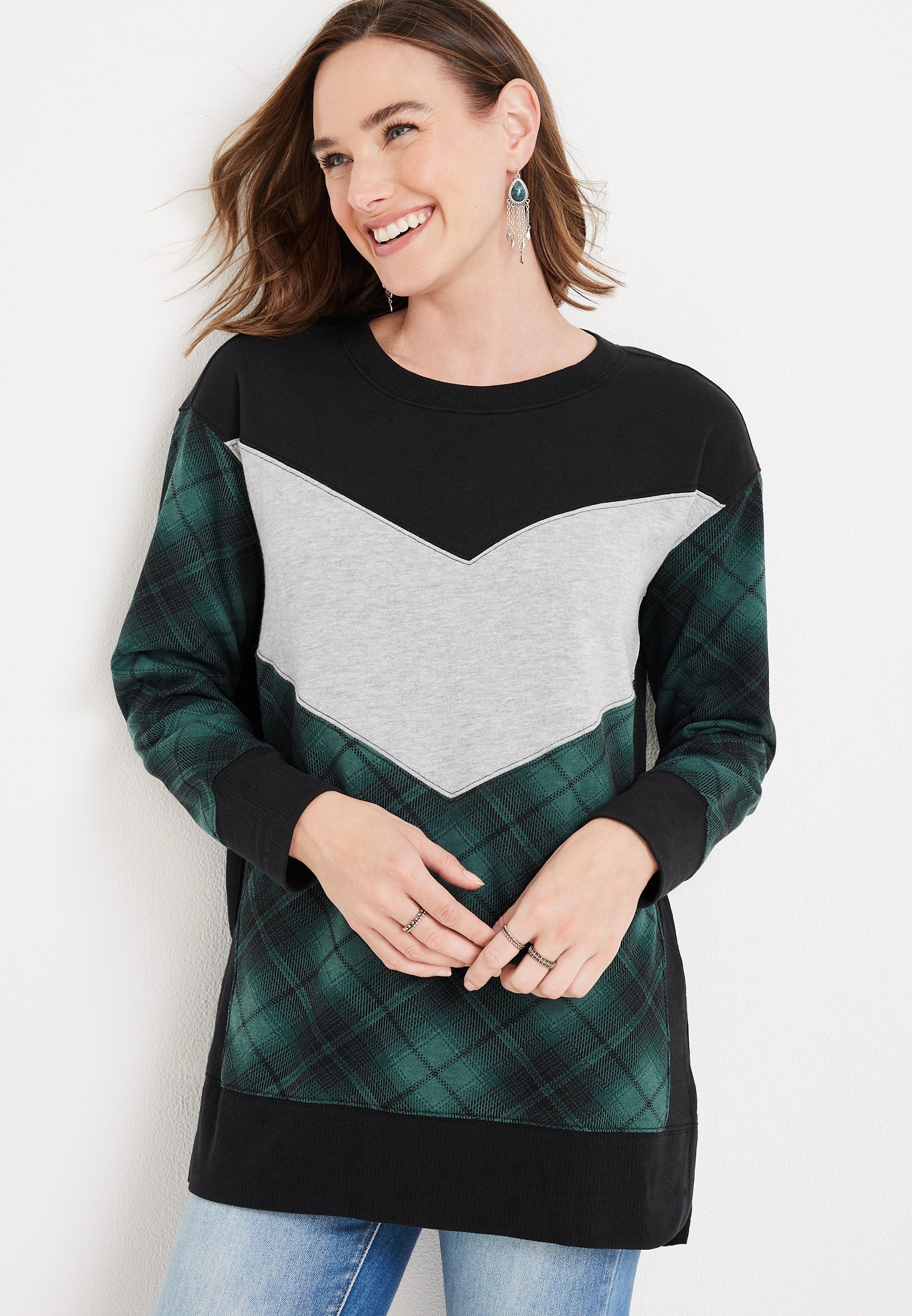 Willowsoft Plaid Colorblock Fleece Sweatshirt | maurices