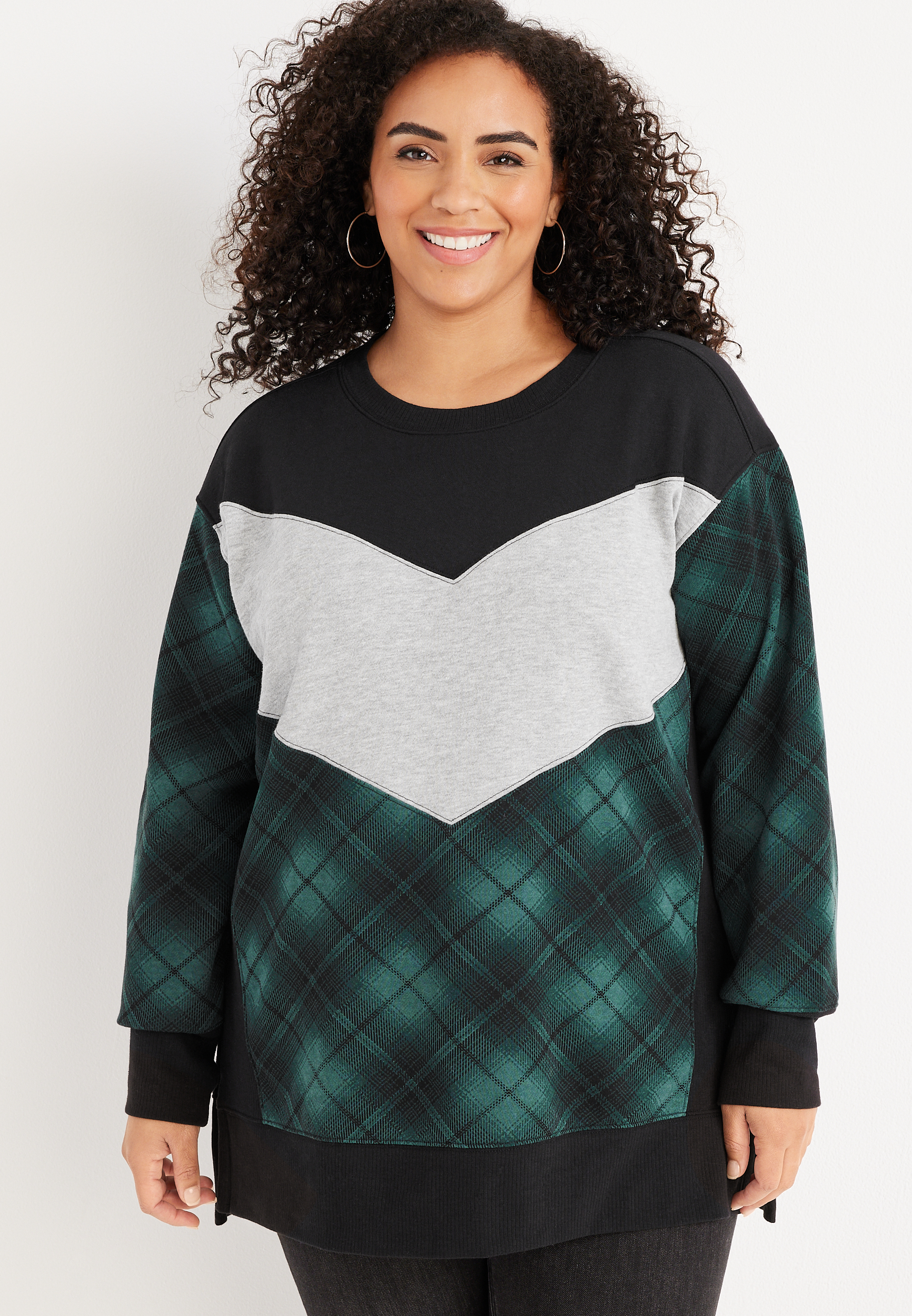 Plus Size Willowsoft Plaid Colorblock Fleece Sweatshirt | maurices